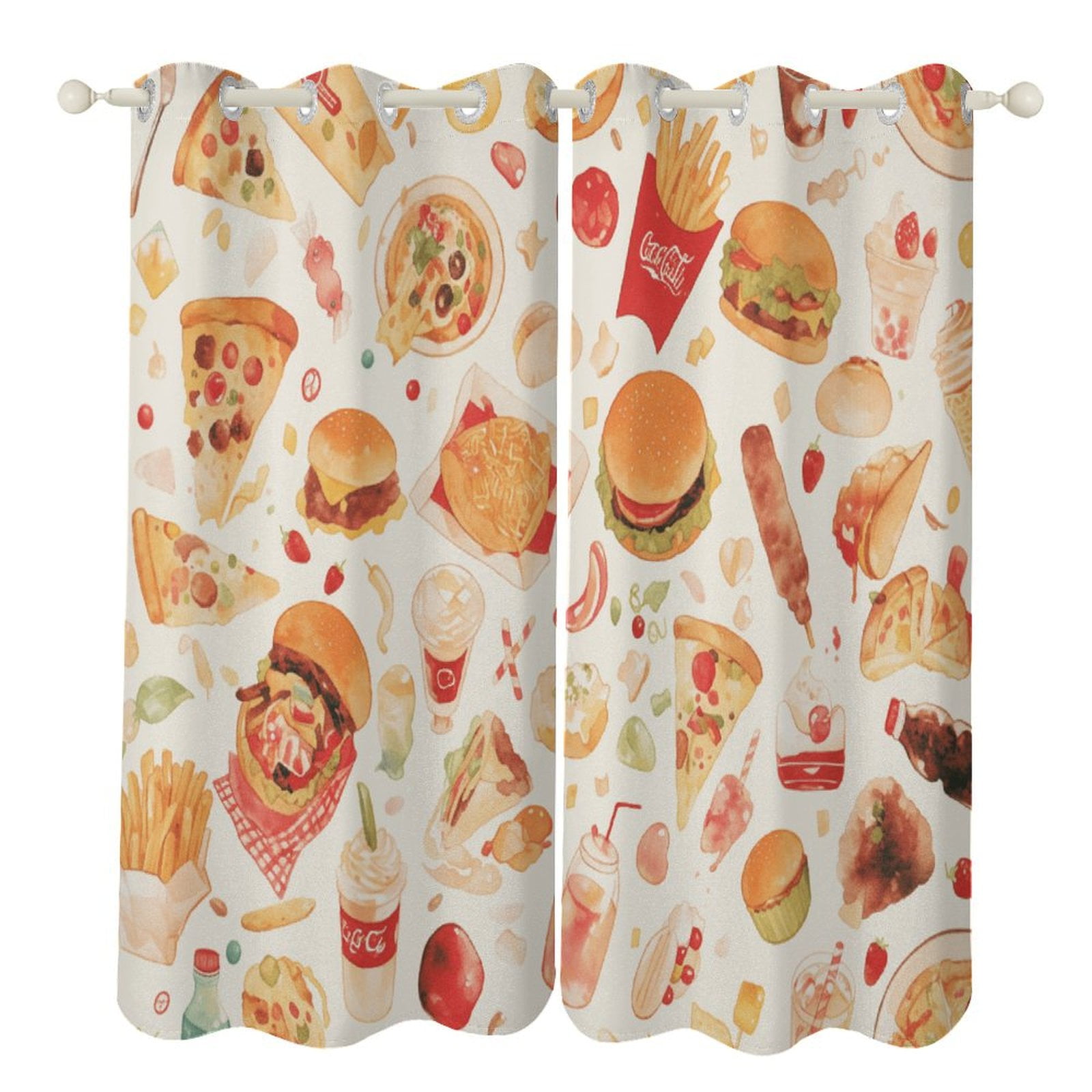 Delicious Pizza Burger 2 Panel Curtain Set, Watercolor Painting Window ...