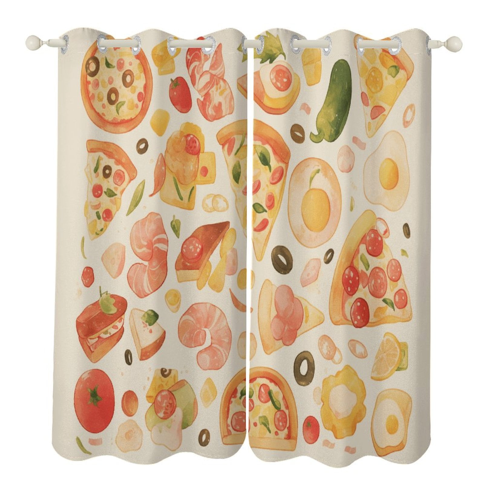 Delicious Pizza Burger 2 Panel Curtain Set, Watercolor Painting Window ...