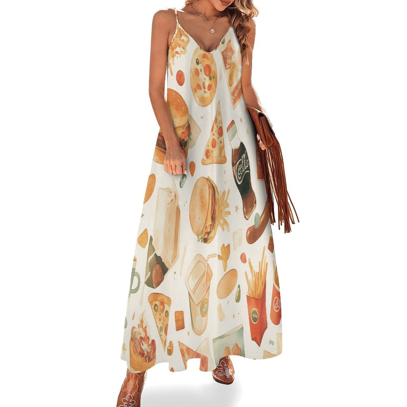 Delicious Pizza Burger Design Sleeveless Dress Woman Fashion Long ...