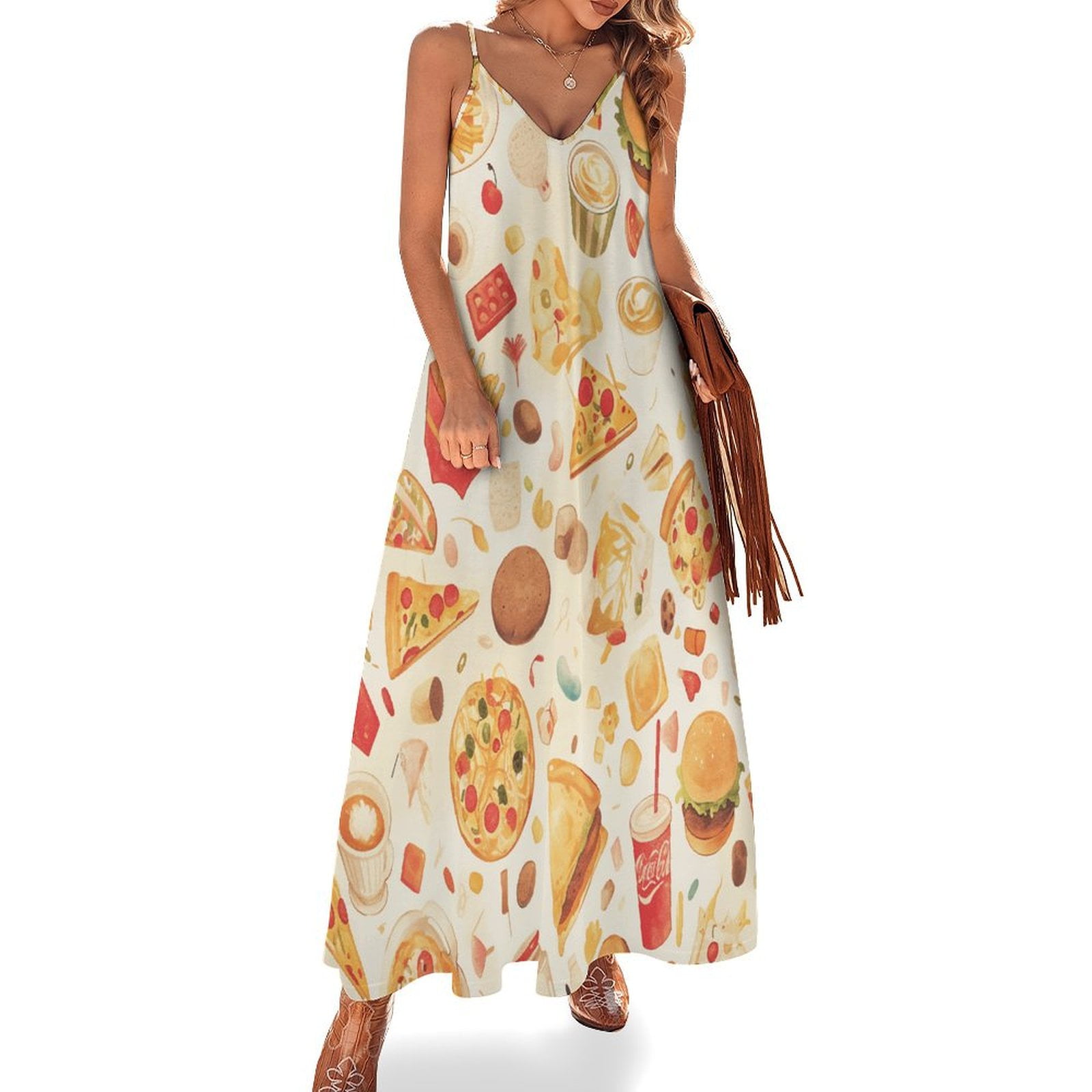 Delicious Pizza Burger Design Sleeveless Dress Woman Fashion Long ...