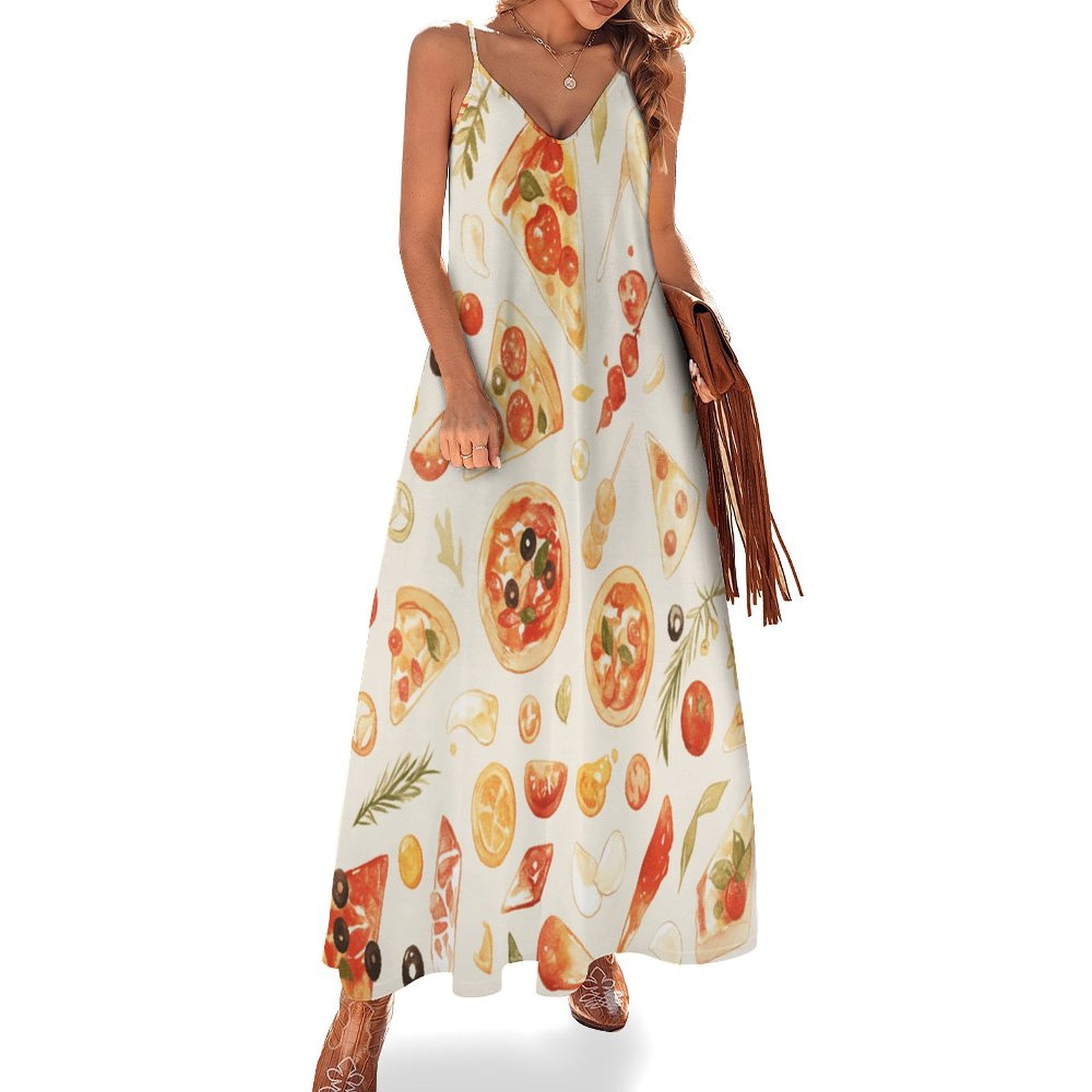 Delicious Pizza Burger Design Sleeveless Dress Woman Fashion Long ...