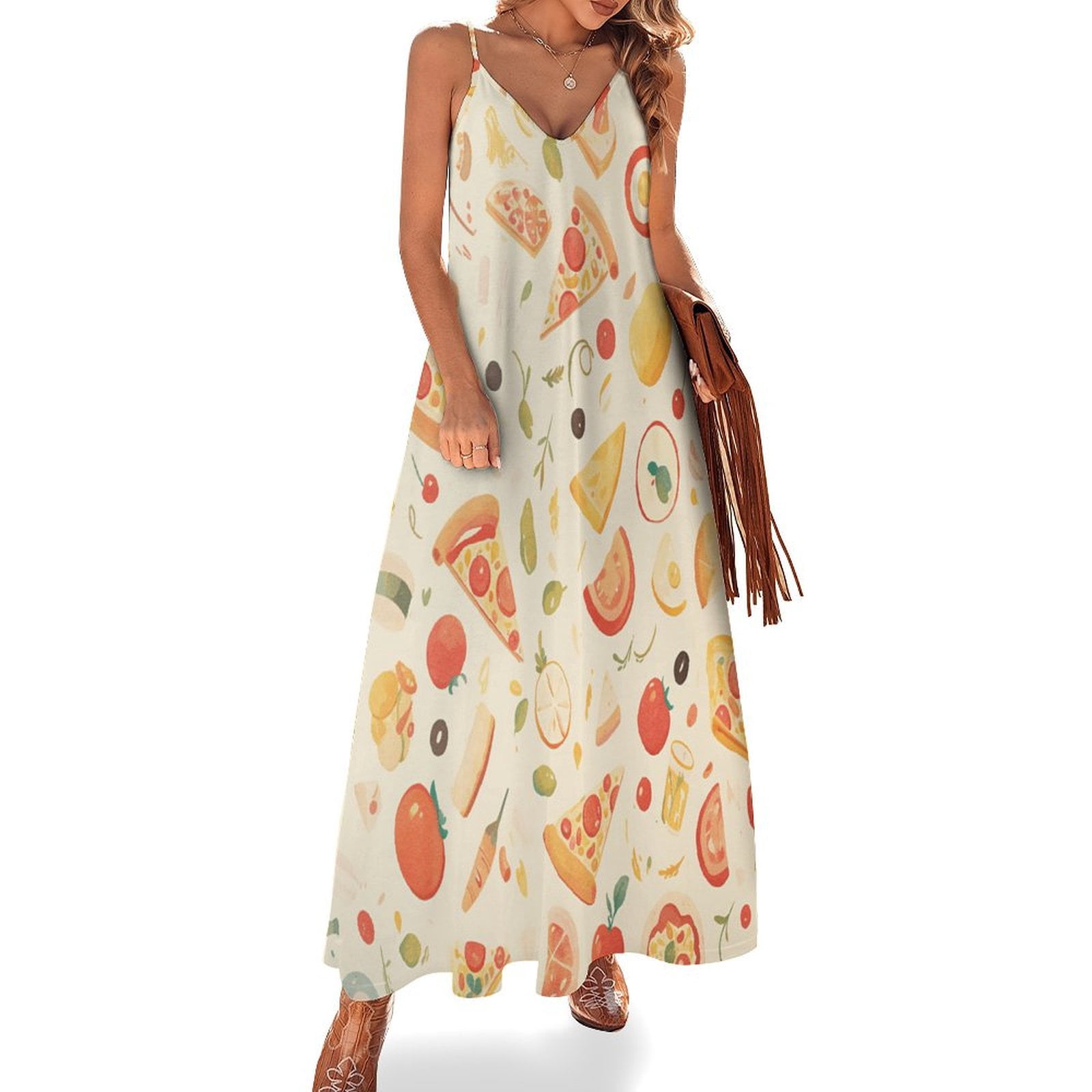Delicious Pizza Burger Design Sleeveless Dress Woman Fashion Long ...