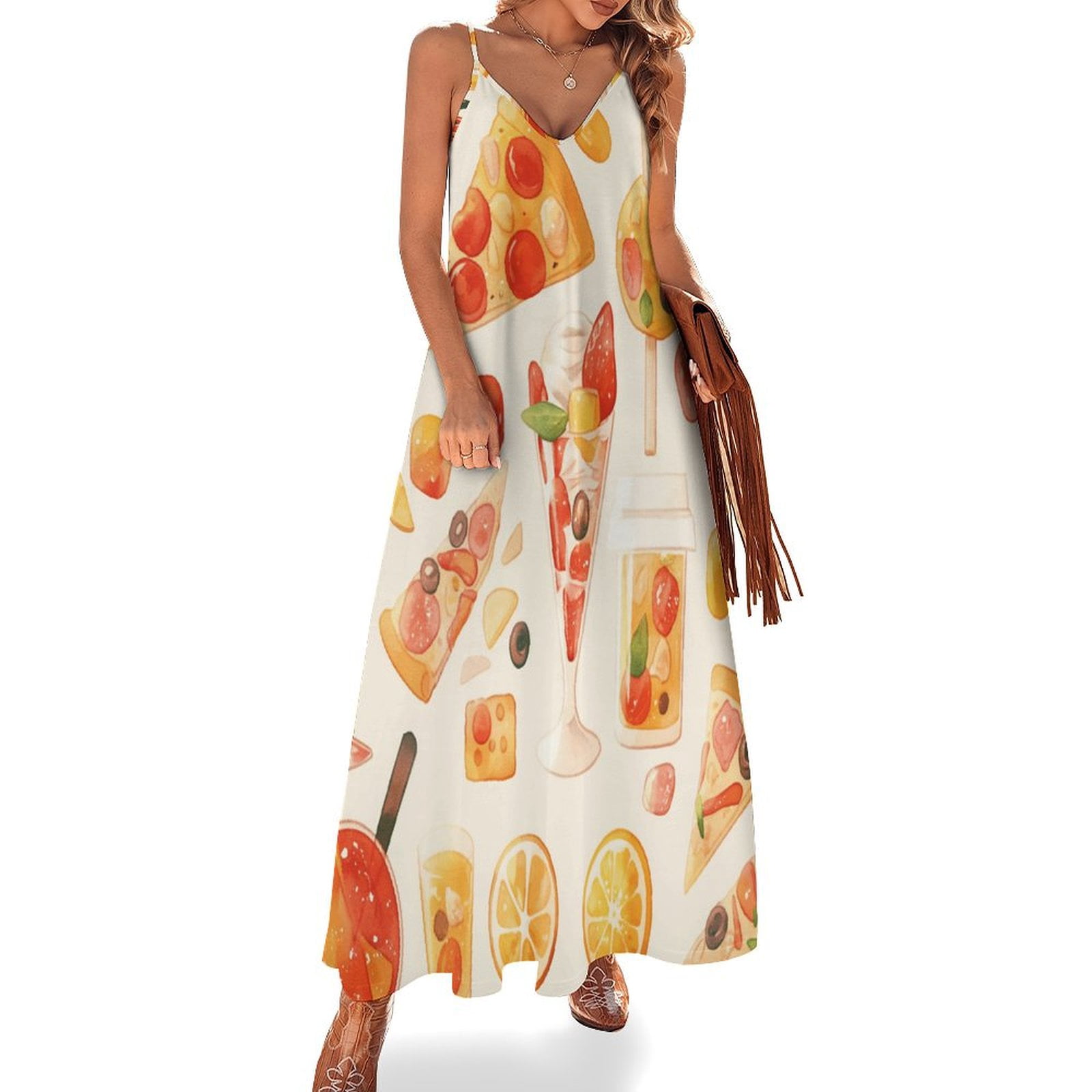 Delicious Pizza Burger Design Sleeveless Dress Woman Fashion Long ...