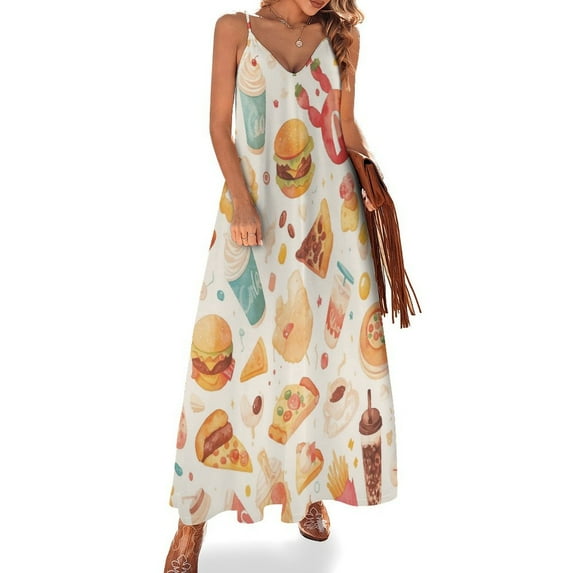 Delicious Pizza Burger Design Sleeveless Dress Woman Fashion Long ...