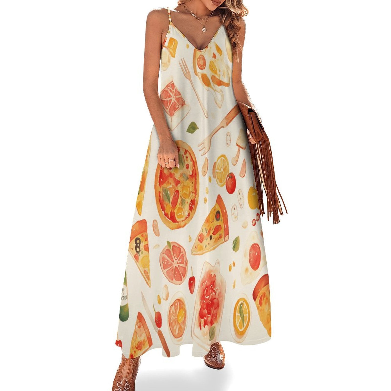 Delicious Pizza Burger Design Sleeveless Dress Woman Fashion Long ...