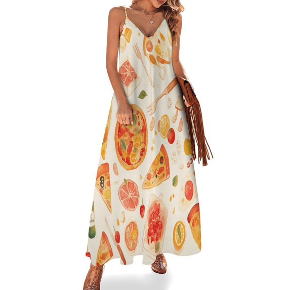 Delicious Pizza Burger Design Sleeveless Dress Woman Fashion Long ...