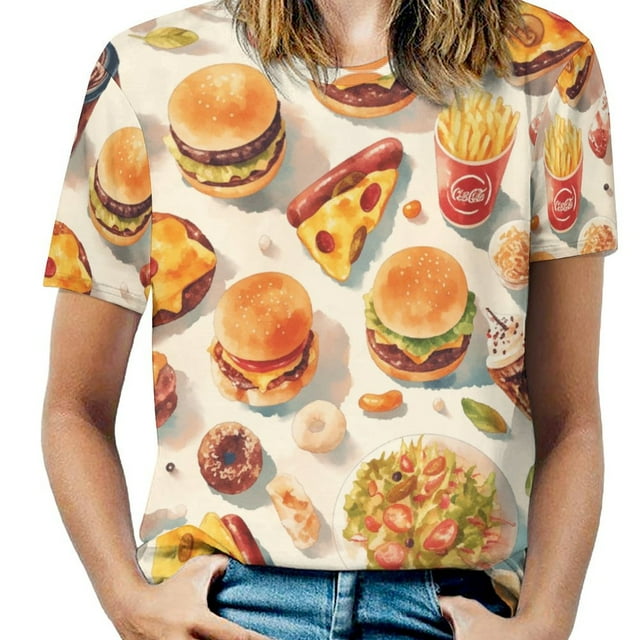 Delicious Pizza Burger T Shirts Basic T-Shirt Short Sleeve Ladies Tee ...