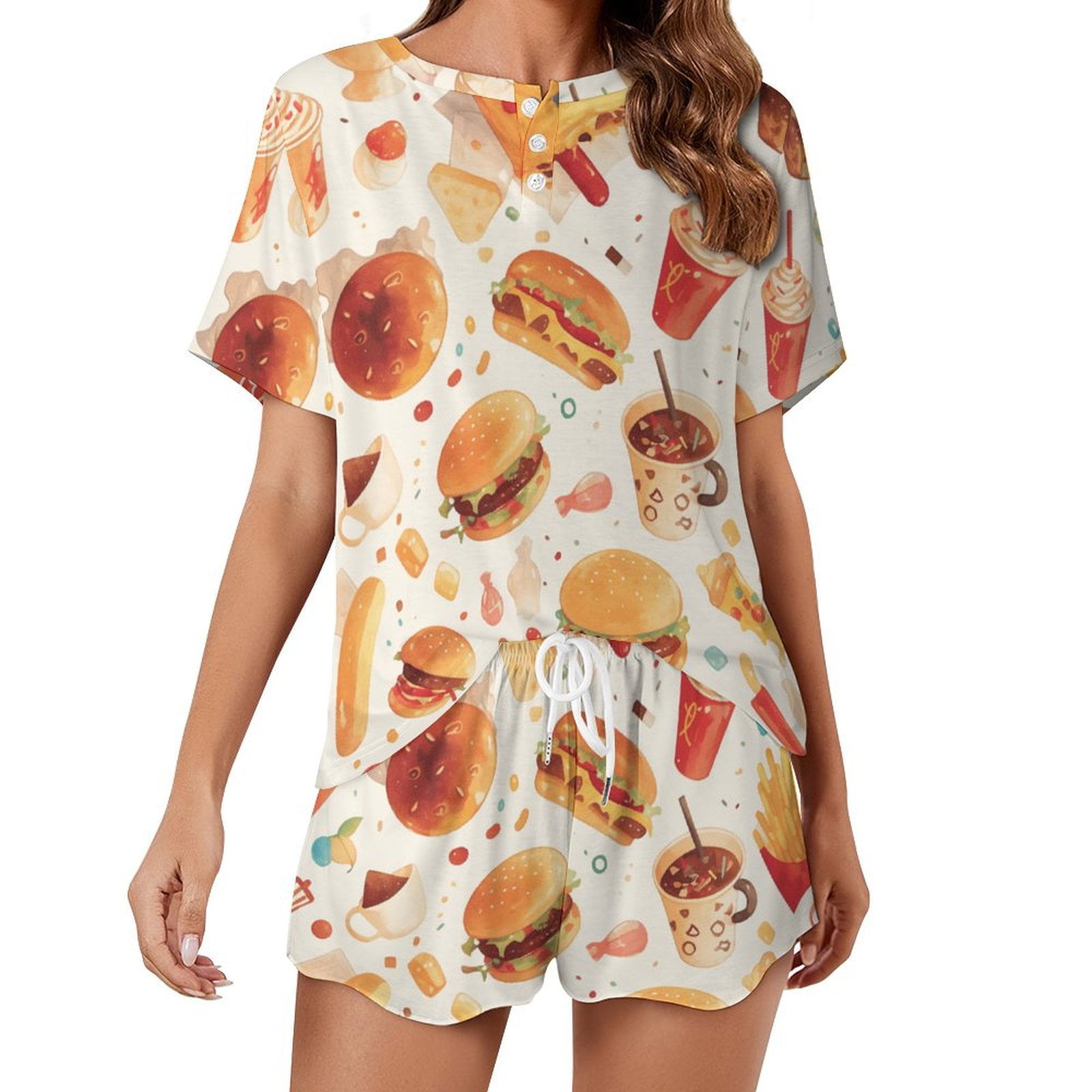 Delicious Pizza Burger Women's Ruffle Short Sleeve Tops And Shorts Cute ...