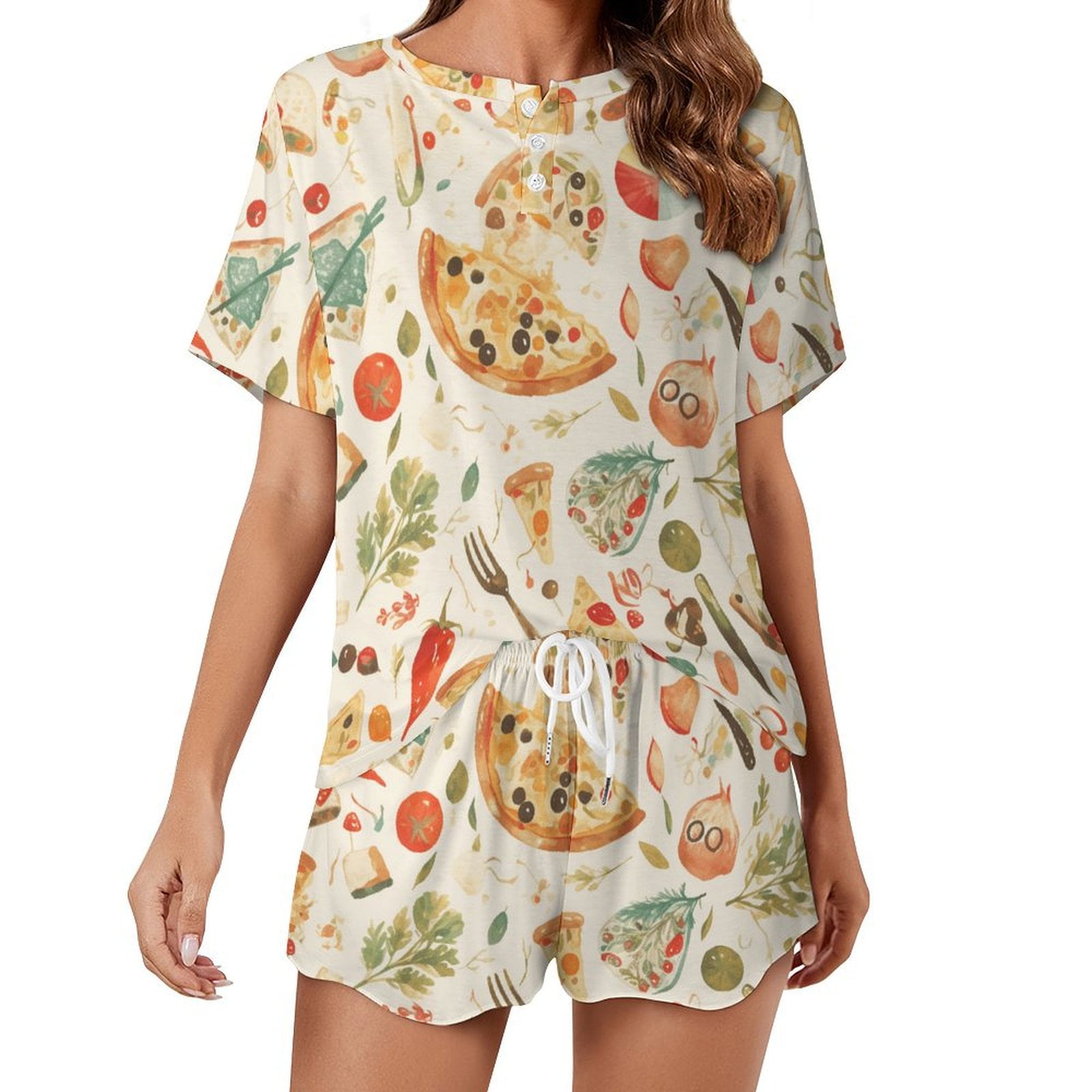 Delicious Pizza Burger Women's Ruffle Short Sleeve Tops And Shorts Cute ...