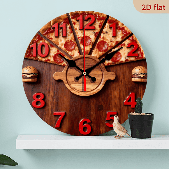 Delicious Pizza MDF Wood 10in Round Wall Clock, Silent Non-Ticking ...