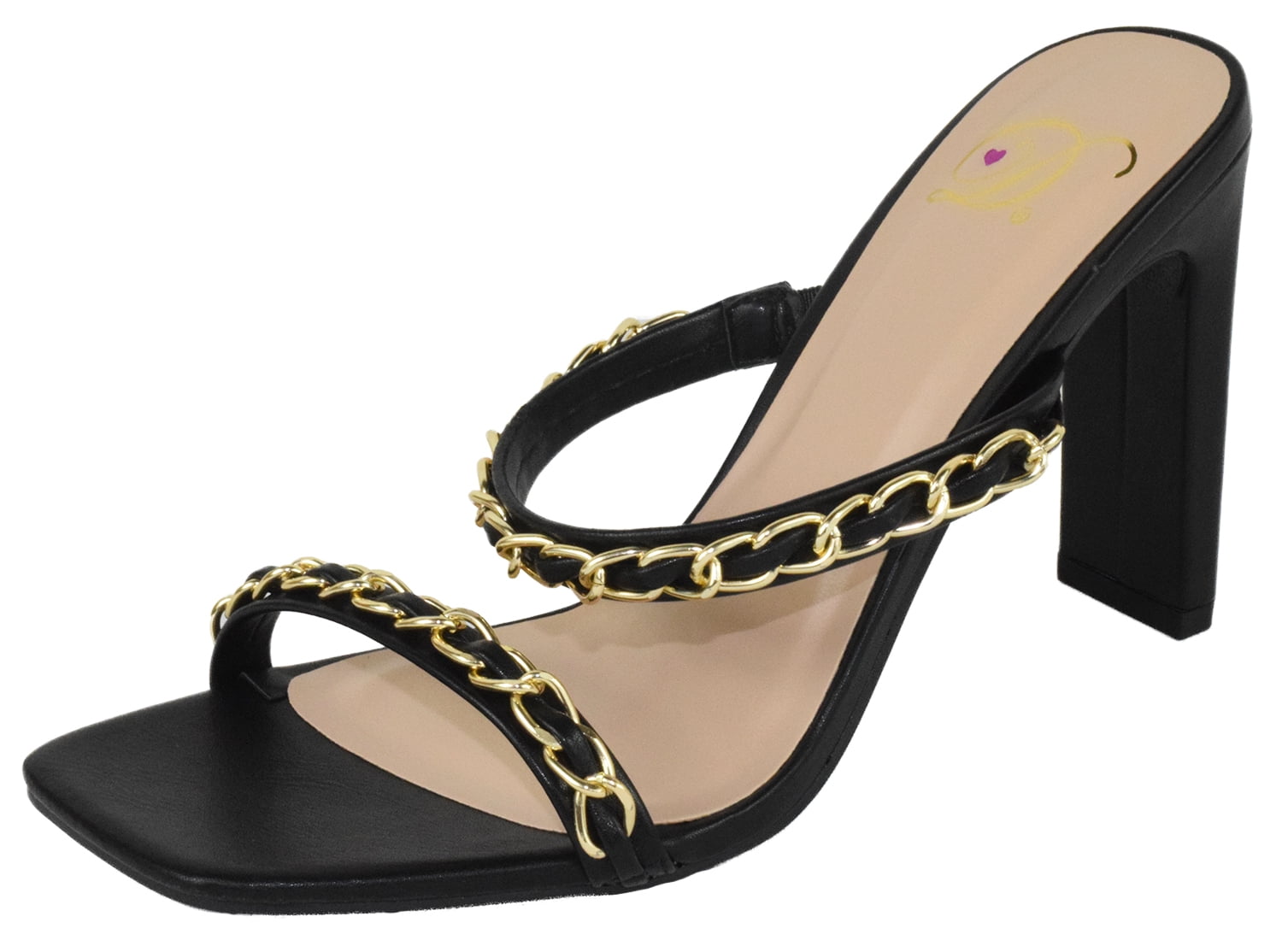 Delicious Shoes Women Block High Heel Sandals Gold Chain Band Square ...