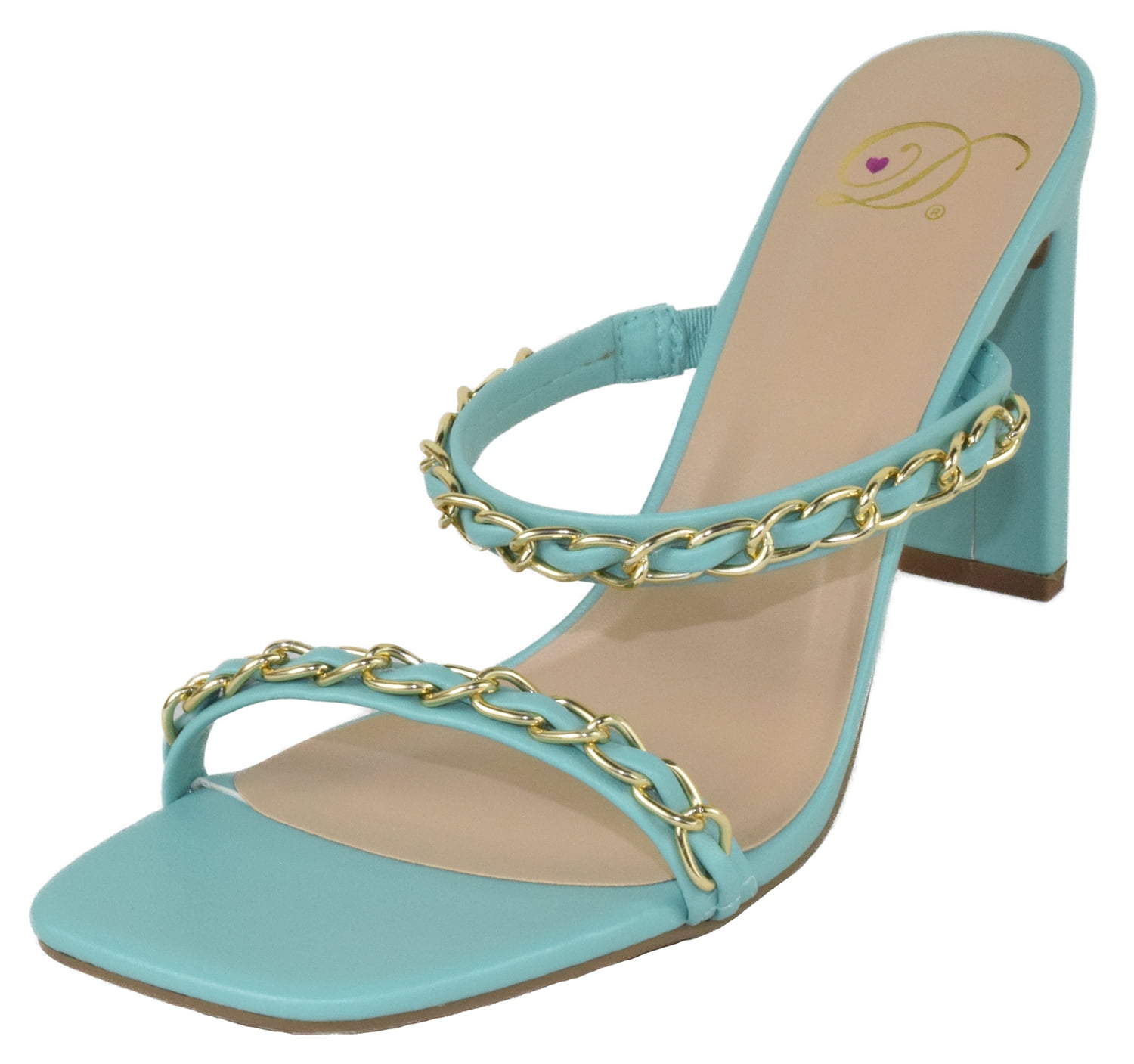 Delicious Shoes Women Block High Heel Sandals Gold Chain Band Square ...