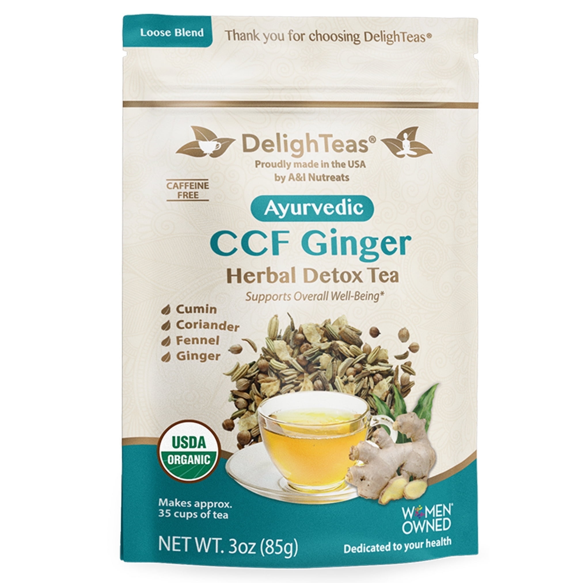 DelighTeas Ayurvedic CCF Ginger Tea - Cumin, Coriander, Fennel, Ginger ...