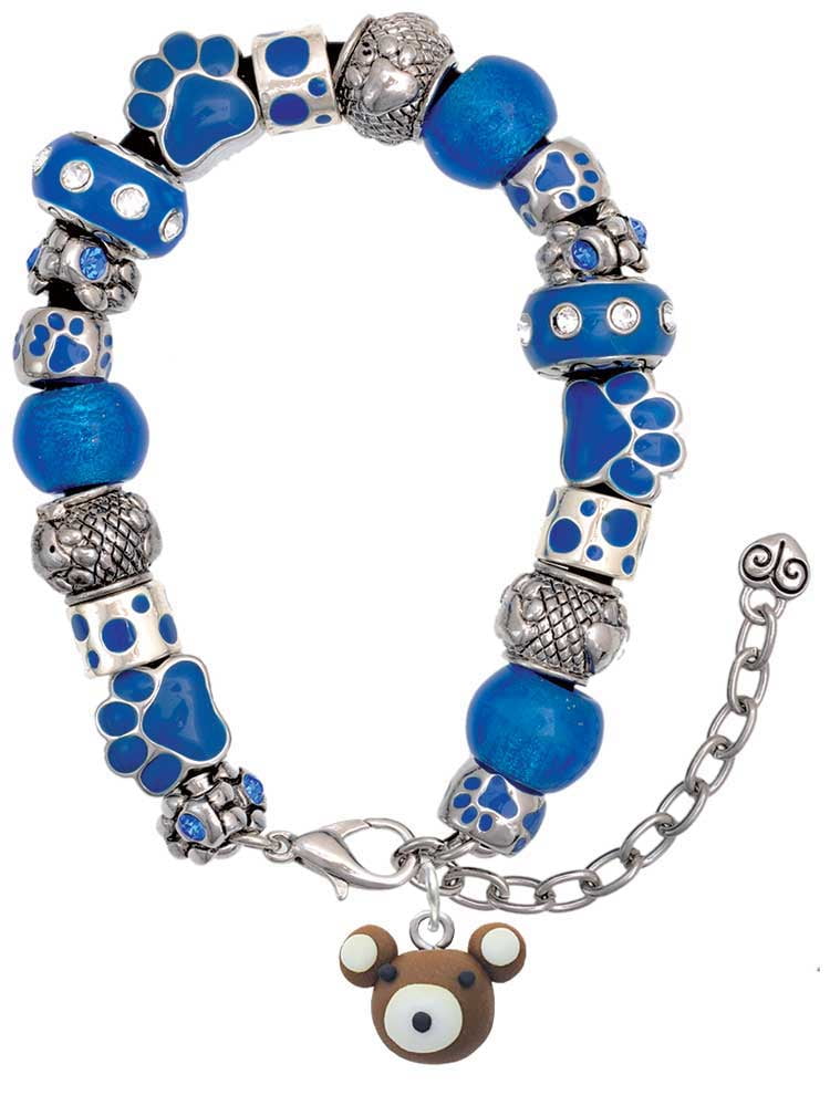 Delight Jewelry Fimo Clay Teddy Bear Blue Paw Print Bead Bracelet, 7"+2 ...