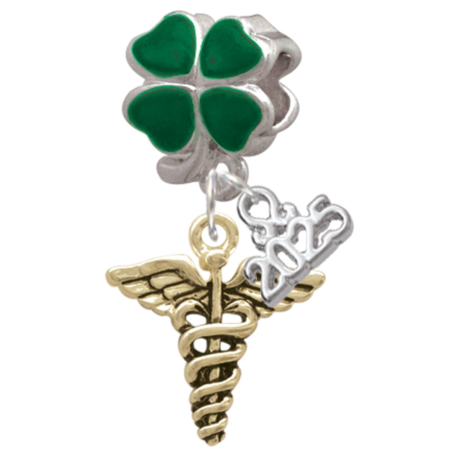 Delight Jewelry Gold-tone Caduceus - Good Luck Green Four Leaf Clover ...