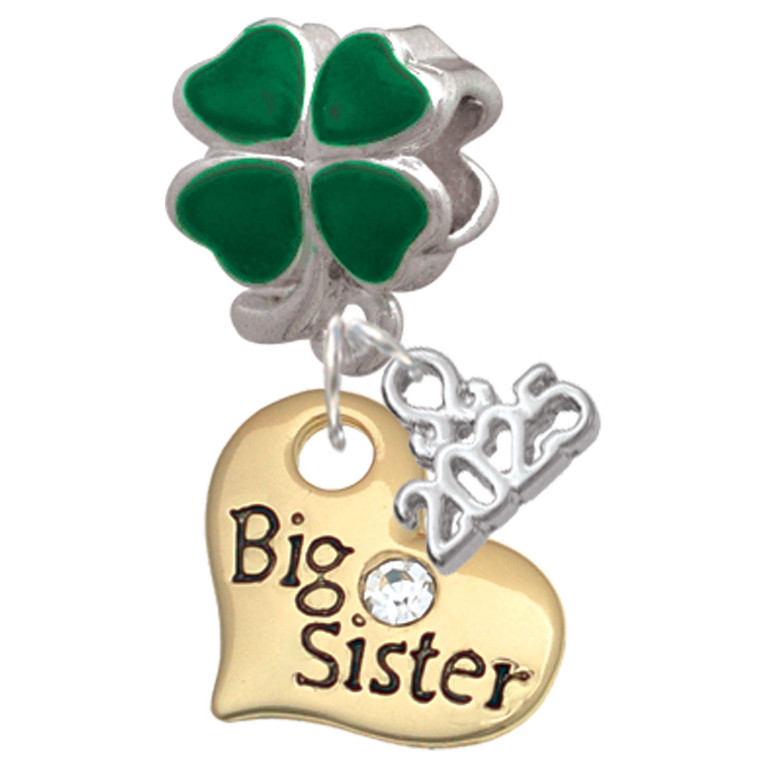 Delight Jewelry Gold-tone Large Big Sister Heart with Clear Crystal - Good Luck Green Four Leaf ...