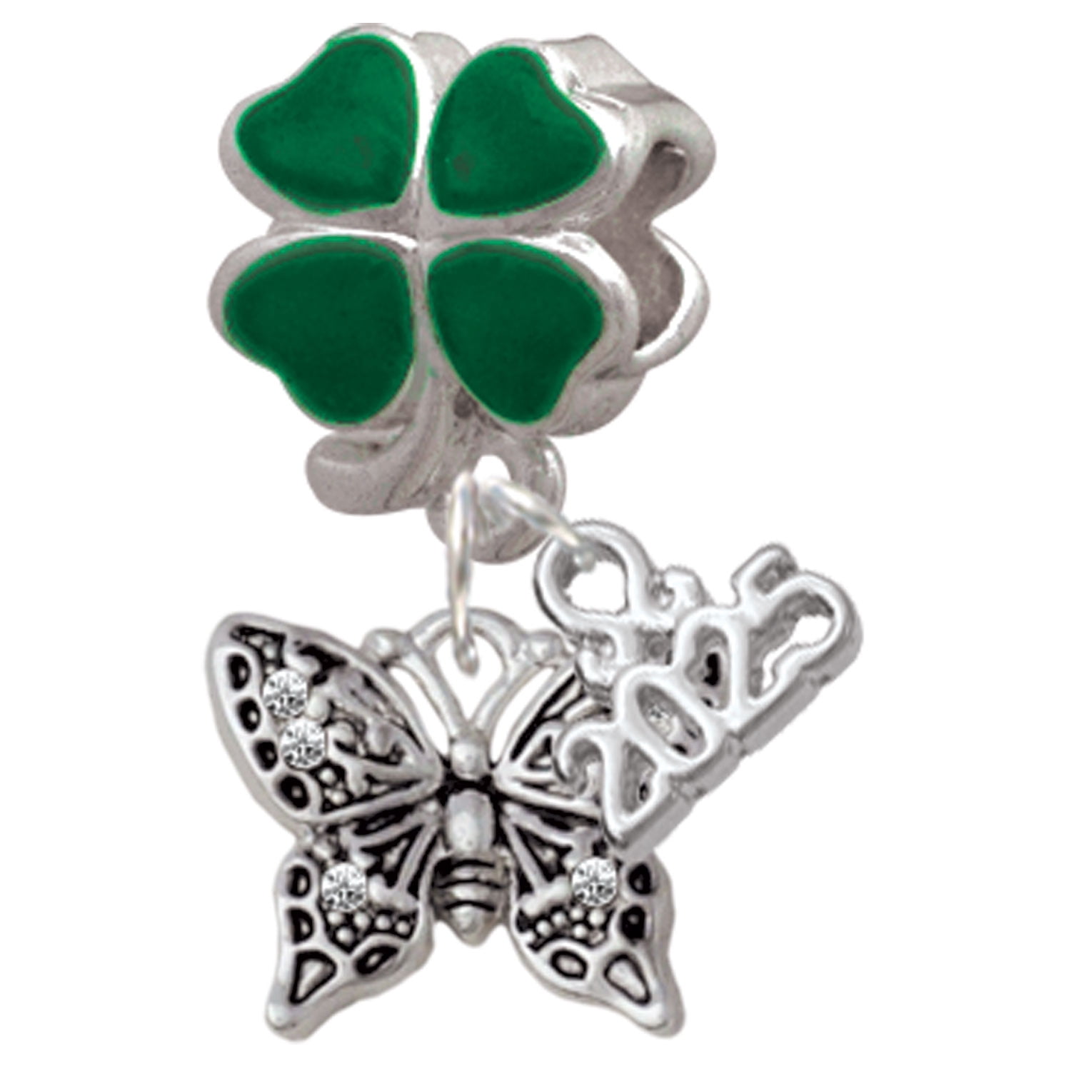 Delight Jewelry Silver-tone Small Antiqued Crystal Butterfly - Good Luck Green Four Leaf Clover ...