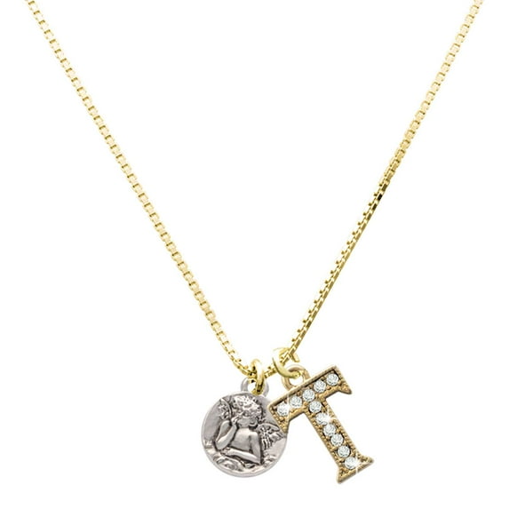 Delight Jewelry Silver-tone Small Raphael Angel on Disc - Large Goldtone Crystal Initial - T ...