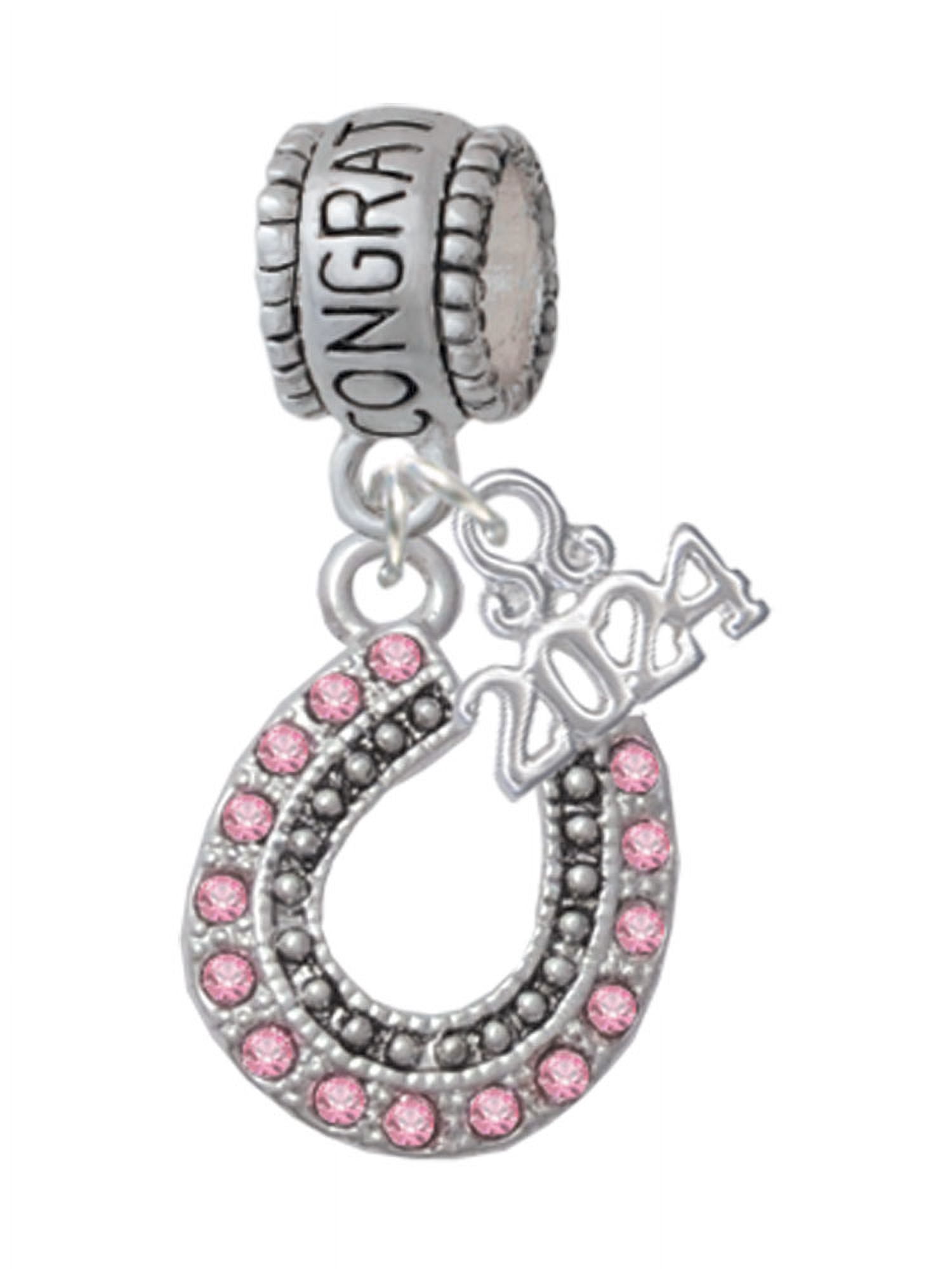 Delight Jewelry Silvertone Beaded Pink Crystal Horseshoe with Good Luck ...