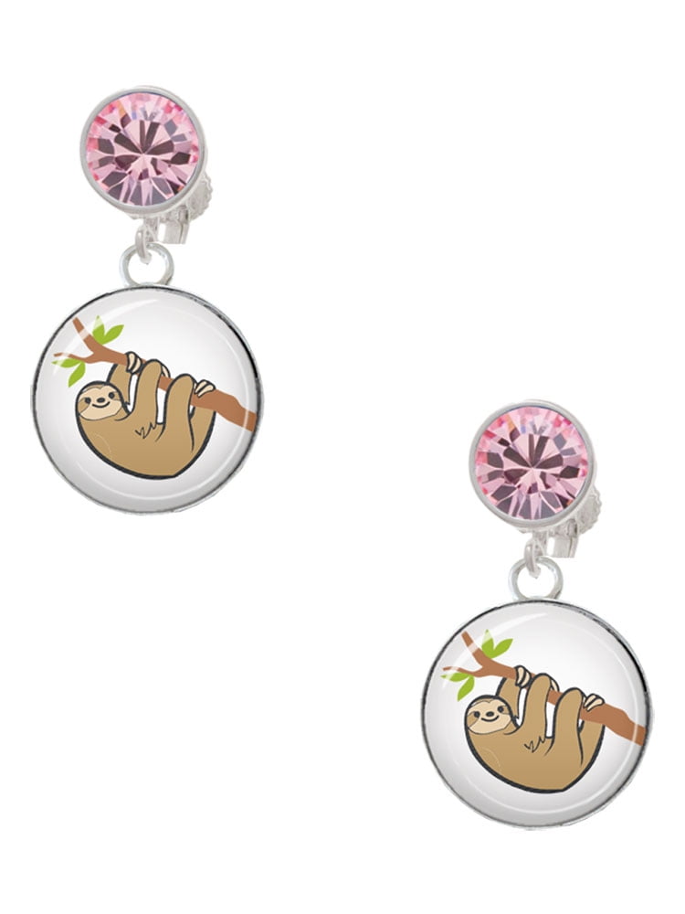 Delight Jewelry Silvertone Domed Sloth Pink Crystal Clip on Earrings ...