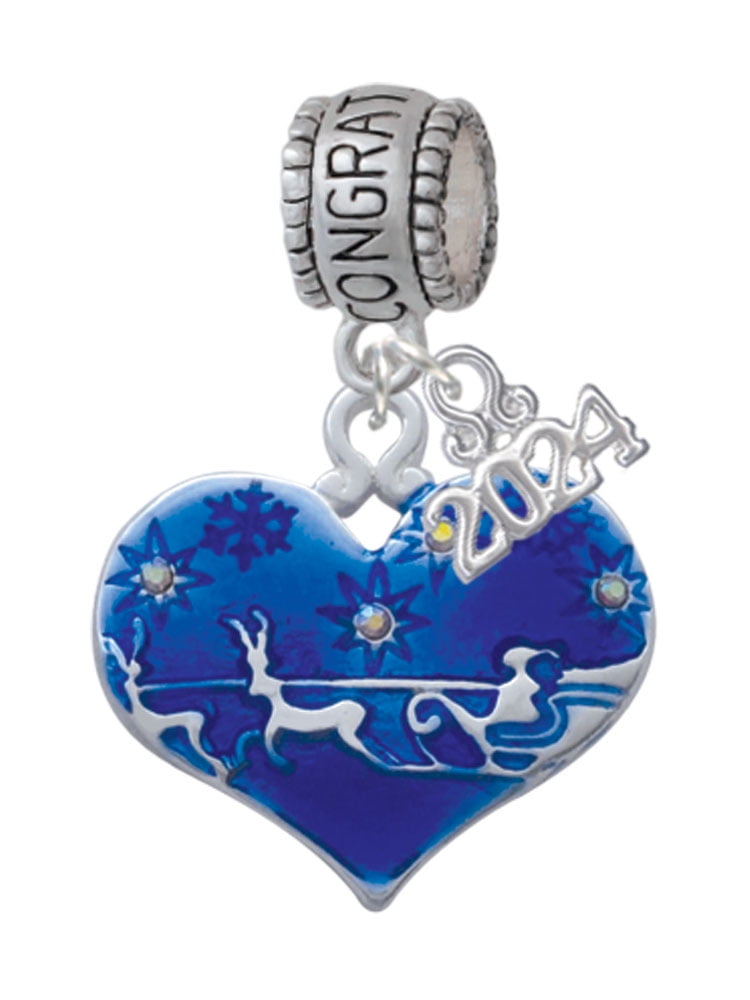 Delight Jewelry Silvertone Large Blue Flying Santa Heart with AB Crystals Congratulations Charm ...