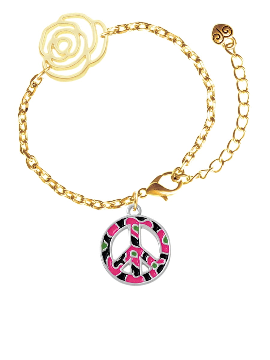 Delight Jewelry Silvertone Large Hot Pink Cheetah Print Peace Sign Gold ...