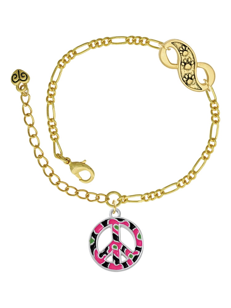 Delight Jewelry Silvertone Large Hot Pink Cheetah Print Peace Sign Gold ...