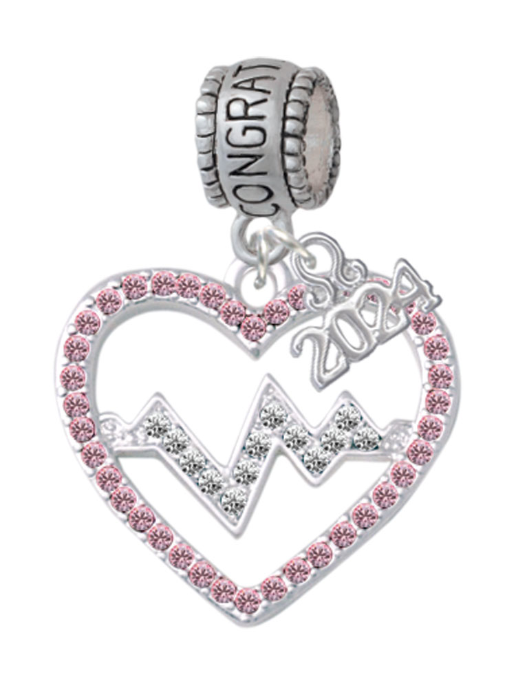 Delight Jewelry Silvertone Large Pink Crystal Heart with Clear Heartbeat Congratulations Charm ...