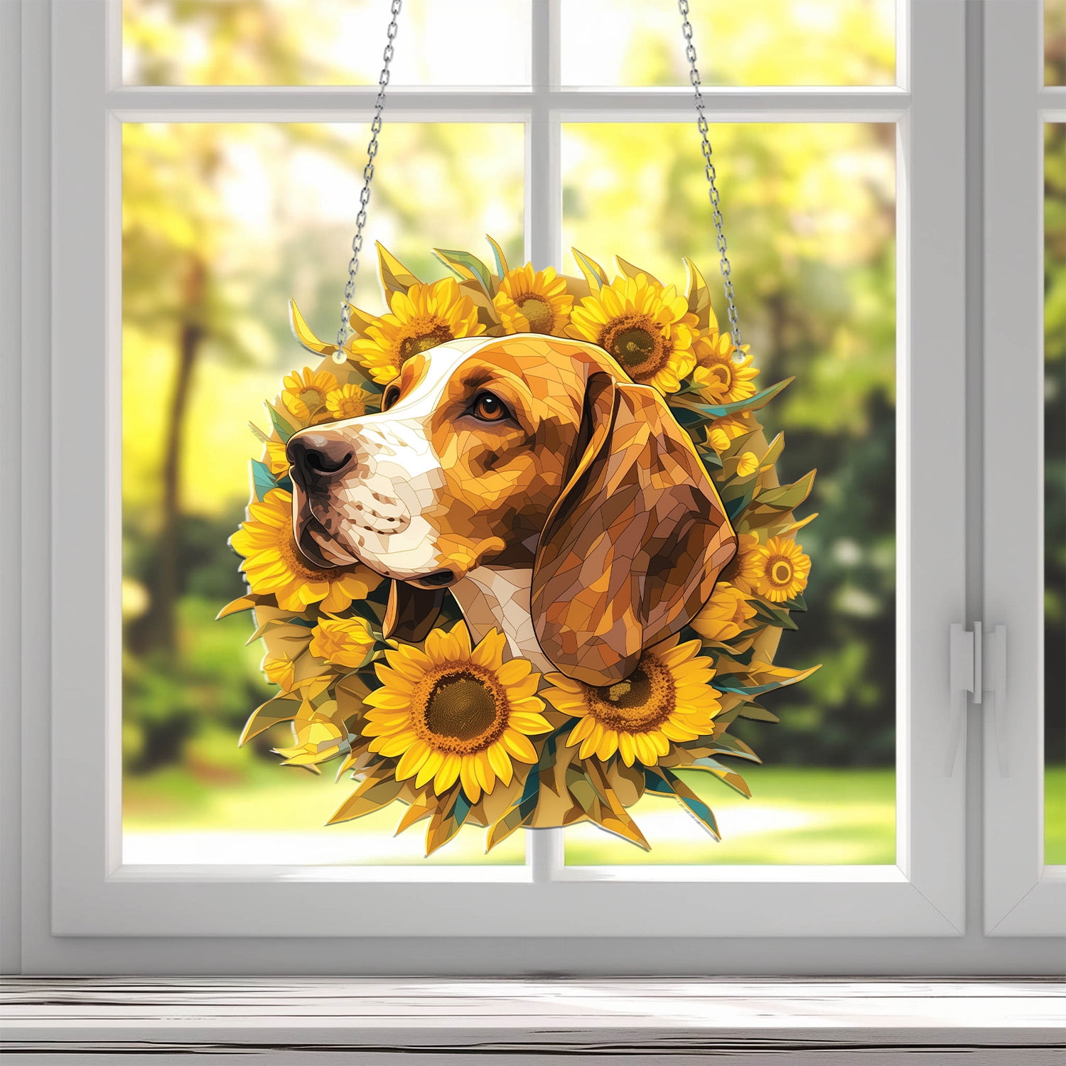 Delightful Beagle and Sunflowers Acrylic Hanging - Bright Stained Glass ...