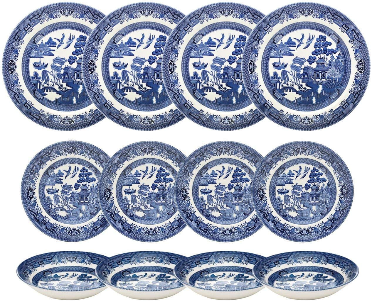 Churchill Blue Willow Dishes Set - Dinner & Salad Plates, Coupe Bowls ...