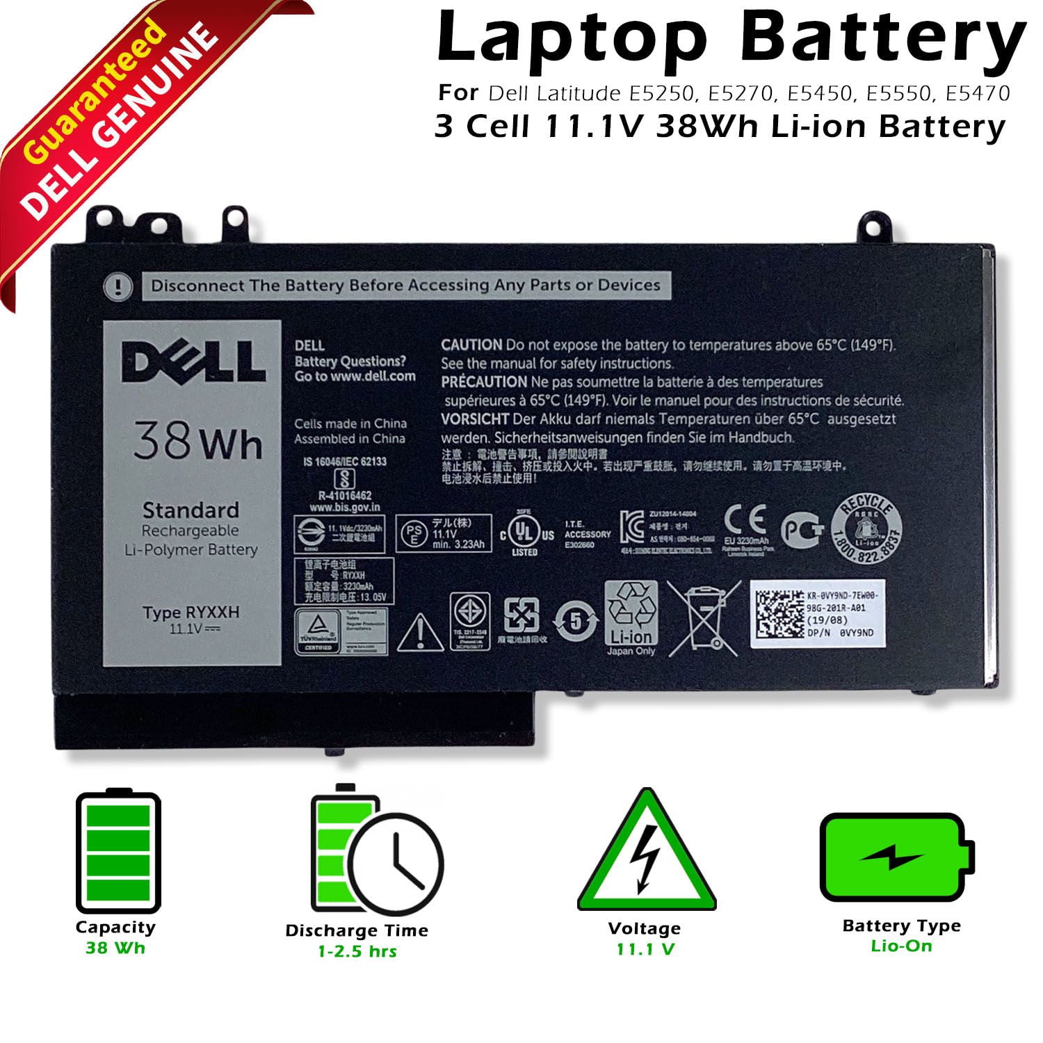 Dell Latitude 3150 E5250 E5550 3 Cell 38WHR Laptop Battery 0VY9ND VY9ND ...