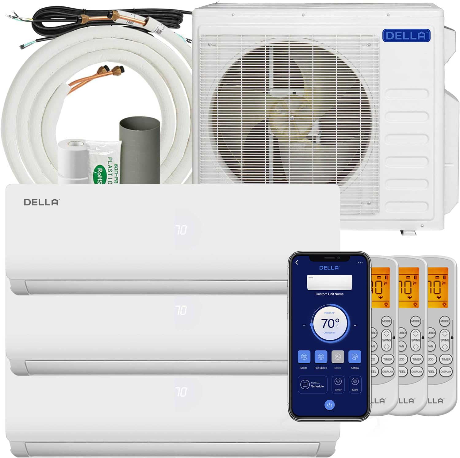 Della 27K BTU 3 Zone Mini Split AC, Heat Pump, 20 SEER, Wifi, Energy ...