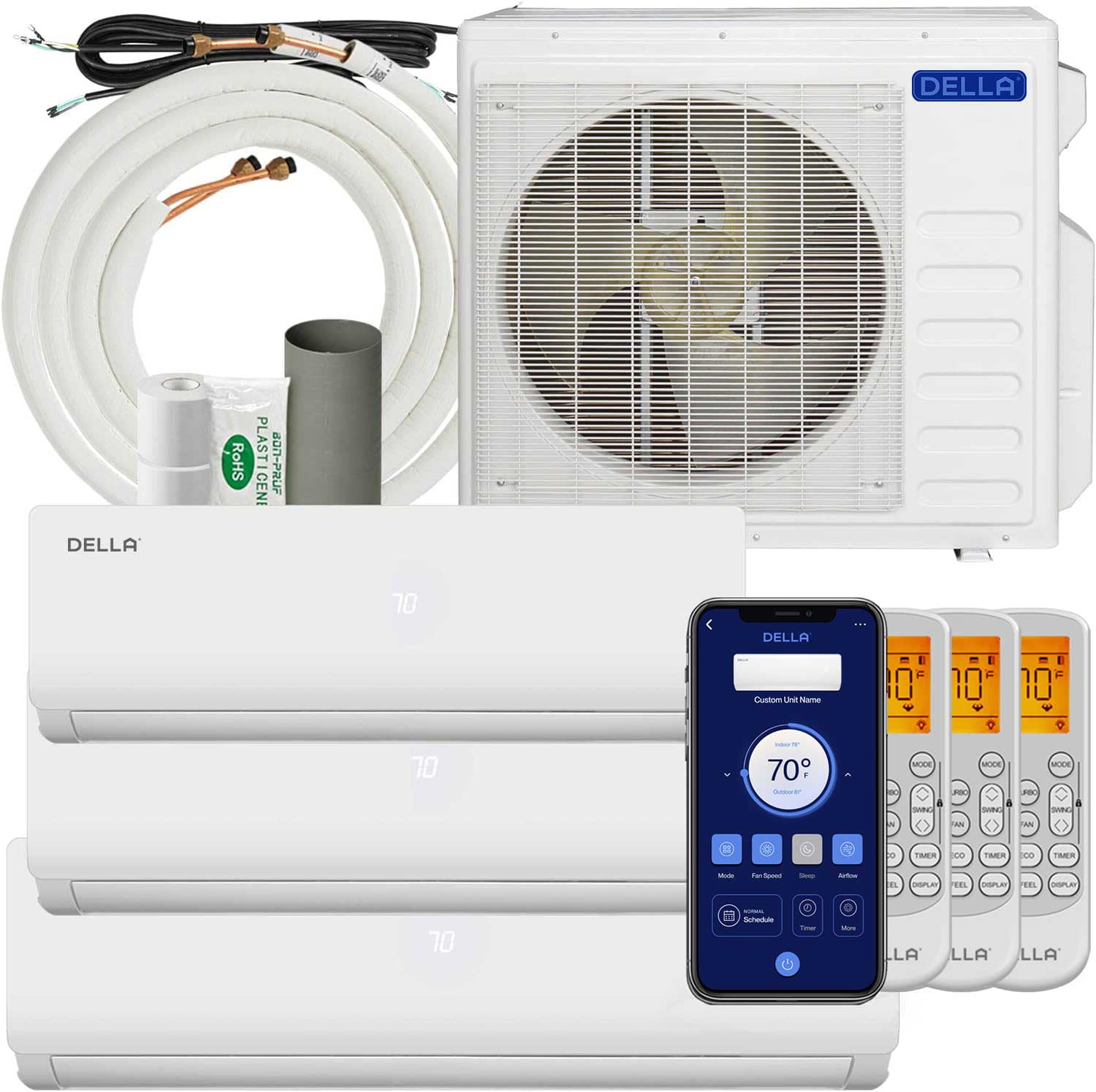 Della 27K BTU 3 Zone Mini Split Air Conditioner with Heat Pump, Dehumidifier & Wifi for 1800 Sq ...