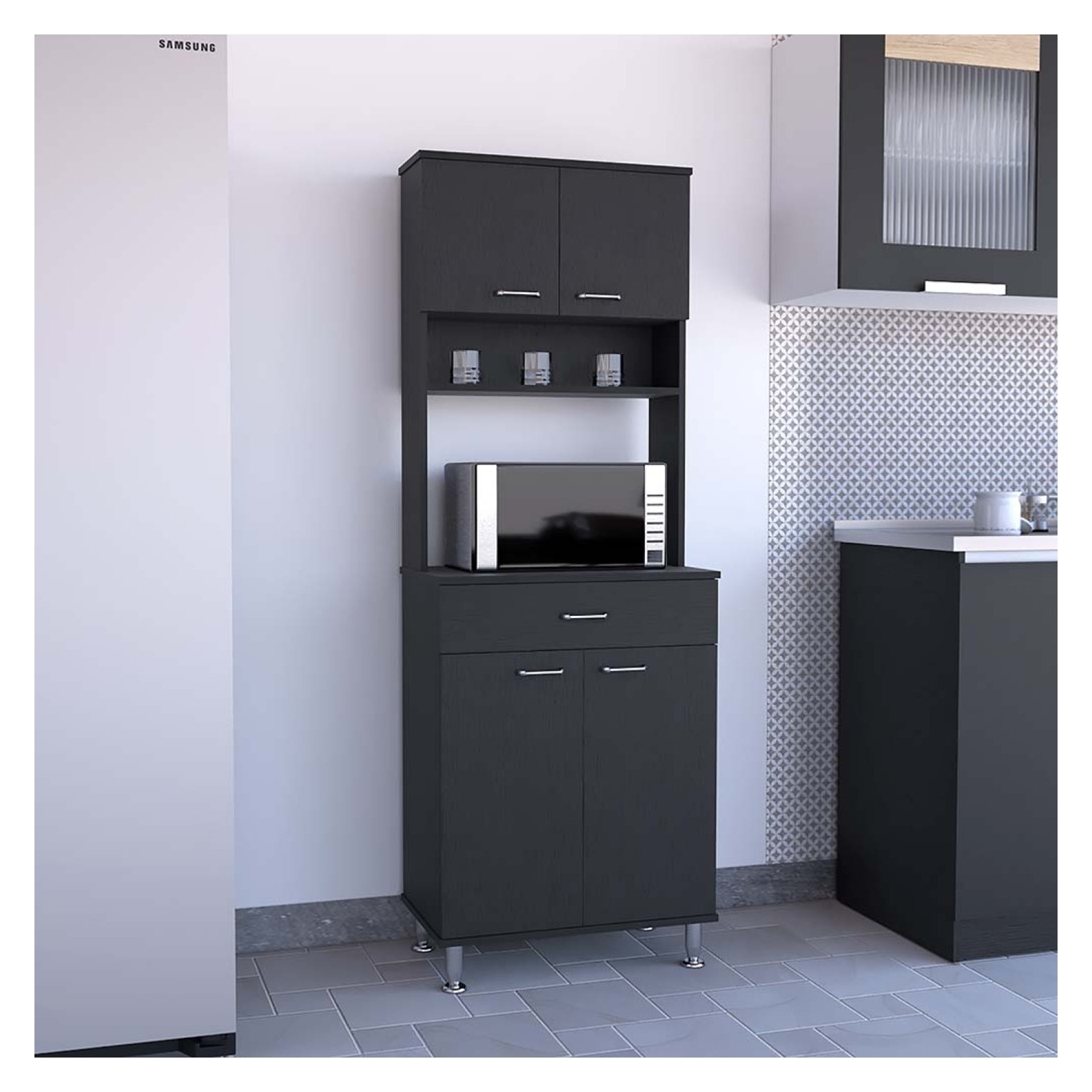 Della 60 Kitchen Pantry with Countertop, Closed & Open Storage -Black ...