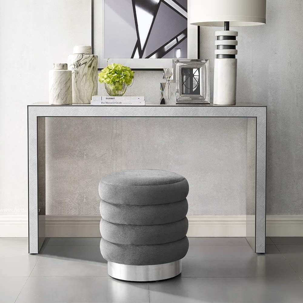 Della Grey Textured Velvet Ottoman with Silver Finish Stainless Steel ...