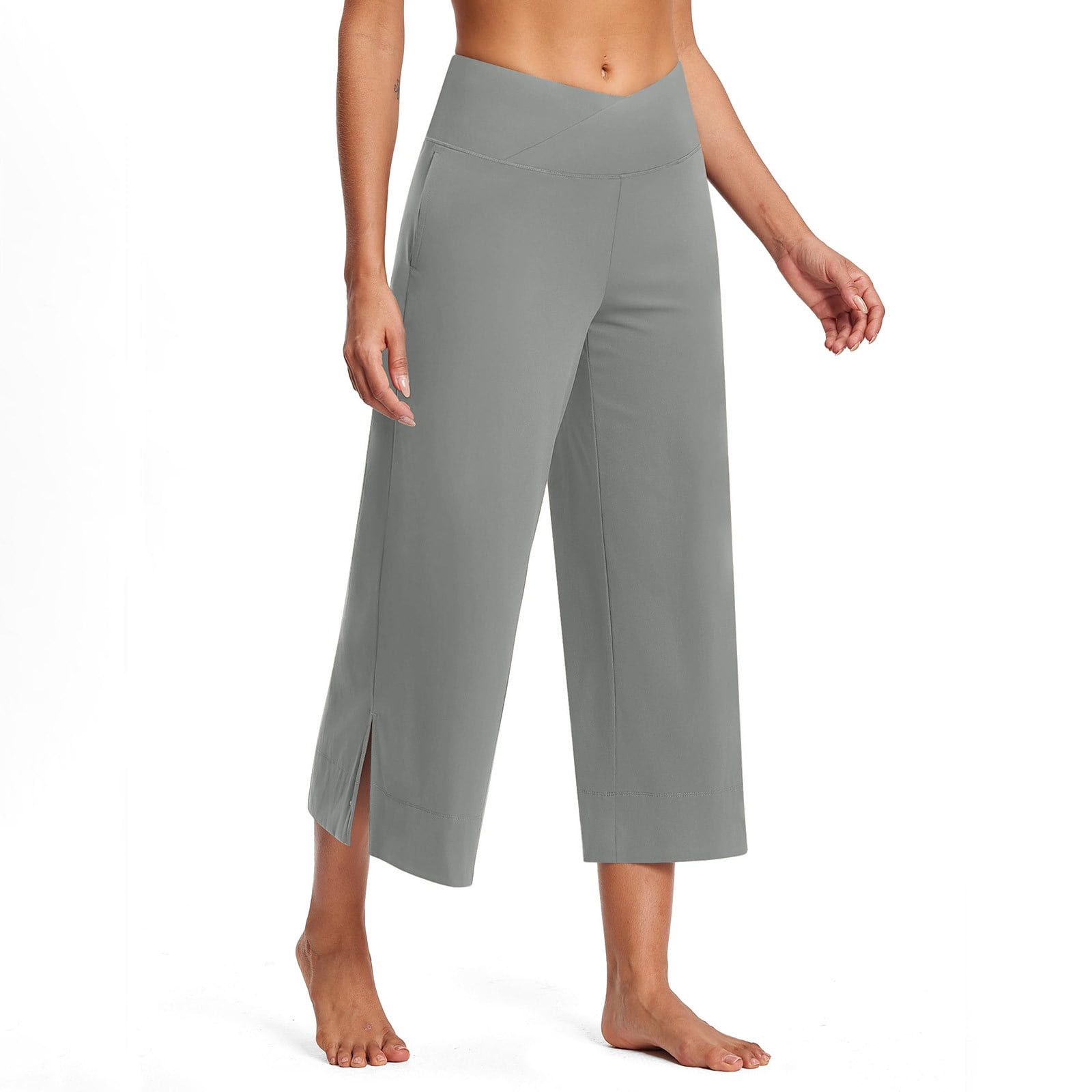 Delliss Capri Pants for Women Side Slit Pants With Pockets High Waisted ...