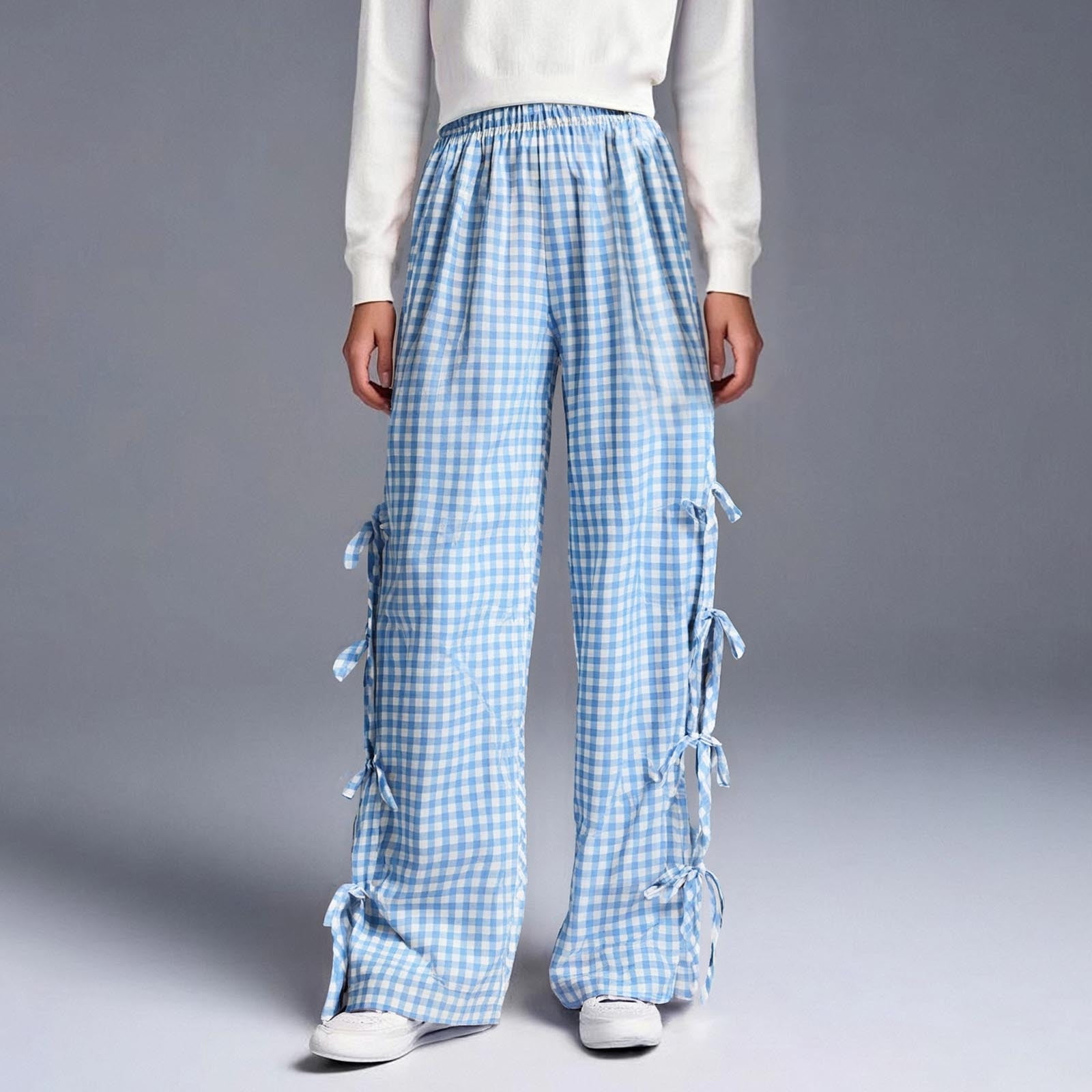 Delliss Girl's Plaid Bow Side Waist Track Pants Cute Wide Leg Trousers ...