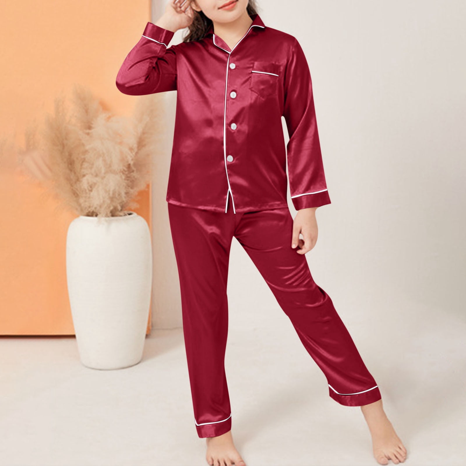 Delliss Girl's Satin Silk Pajamas Set Solid Color Long Sleeve Lapel ...