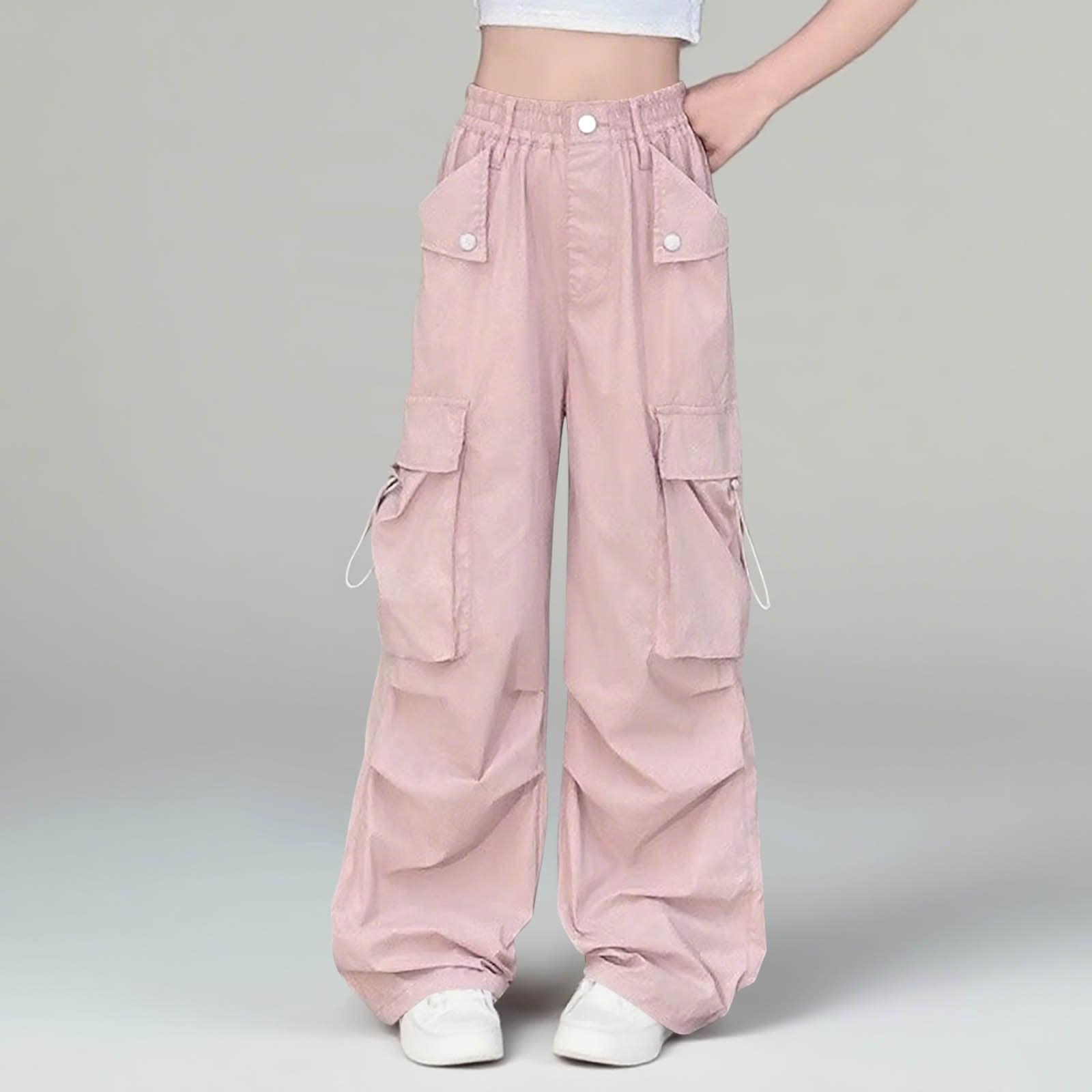 Delliss Girl's Solid Color Cargo Pants Wide Leg Baggy Fashion Pant With ...