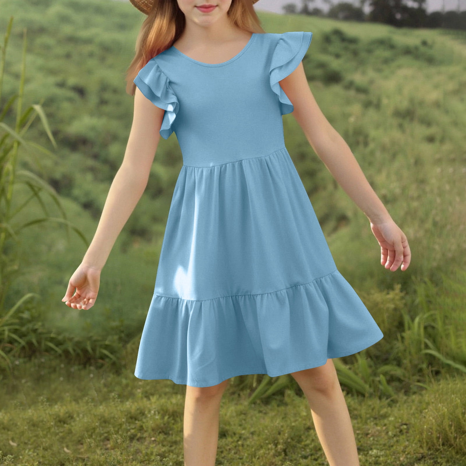 Delliss Girl's Summer Dresses Ruffle Sleeve Tiered Swing Casual ...