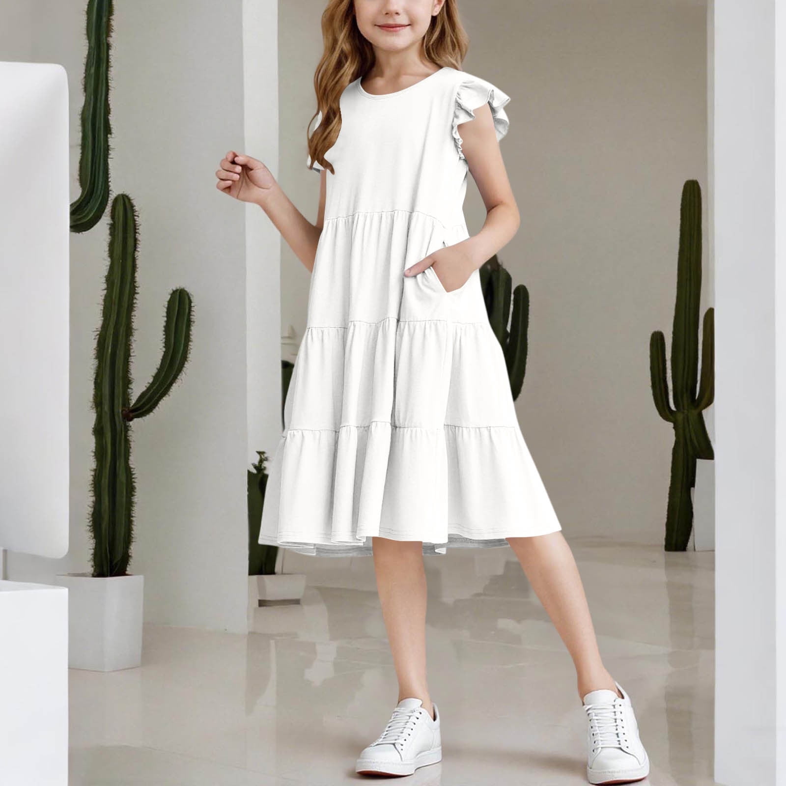 Delliss Girls Casual Tiered Dress Crew Neck Ruffle Dress Swing Mini A ...
