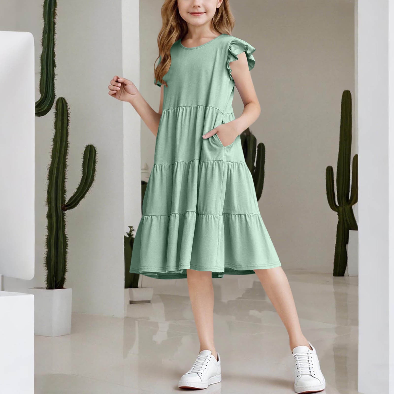 Delliss Girls Casual Tiered Dress Crew Neck Ruffle Dress Swing Mini A ...
