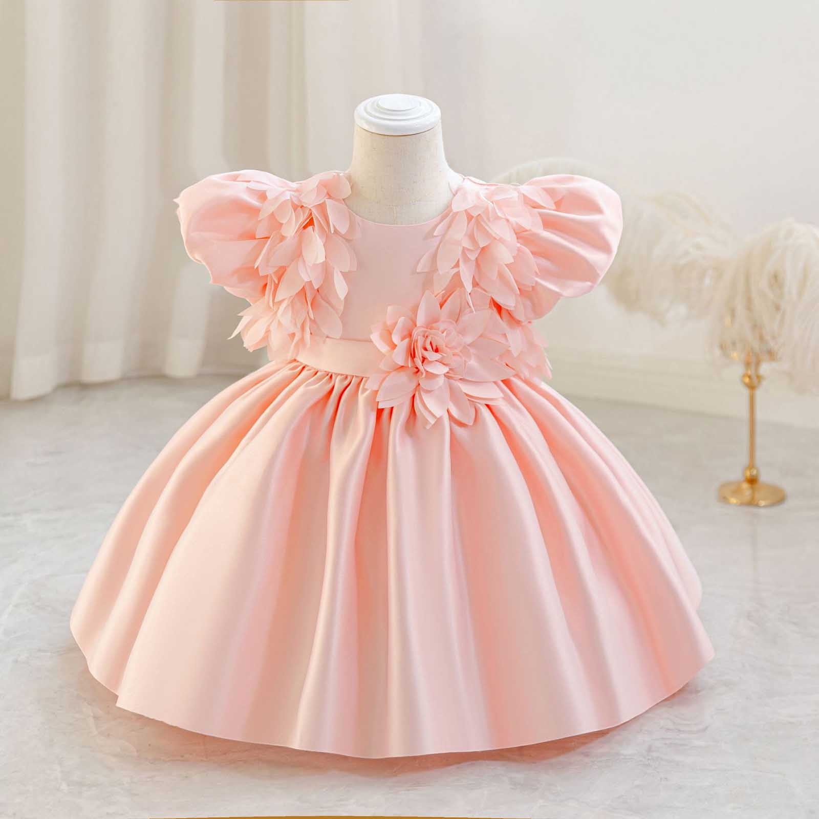 Delliss Girls Crew Neck Pleated Simple Flower Decoration Dress Pink 4 ...