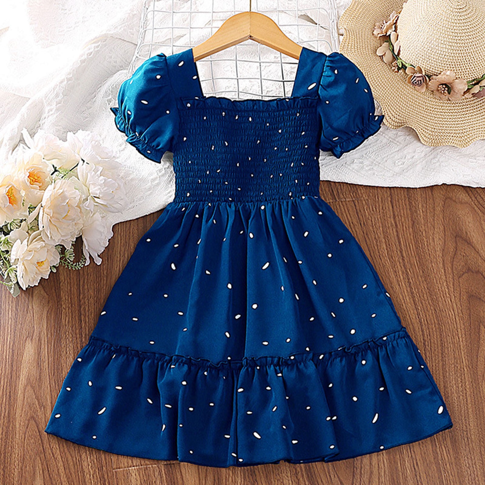 Delliss Girls Dress Sweet & Cute Puff Sleeve Square Neck Ruffle Dot ...
