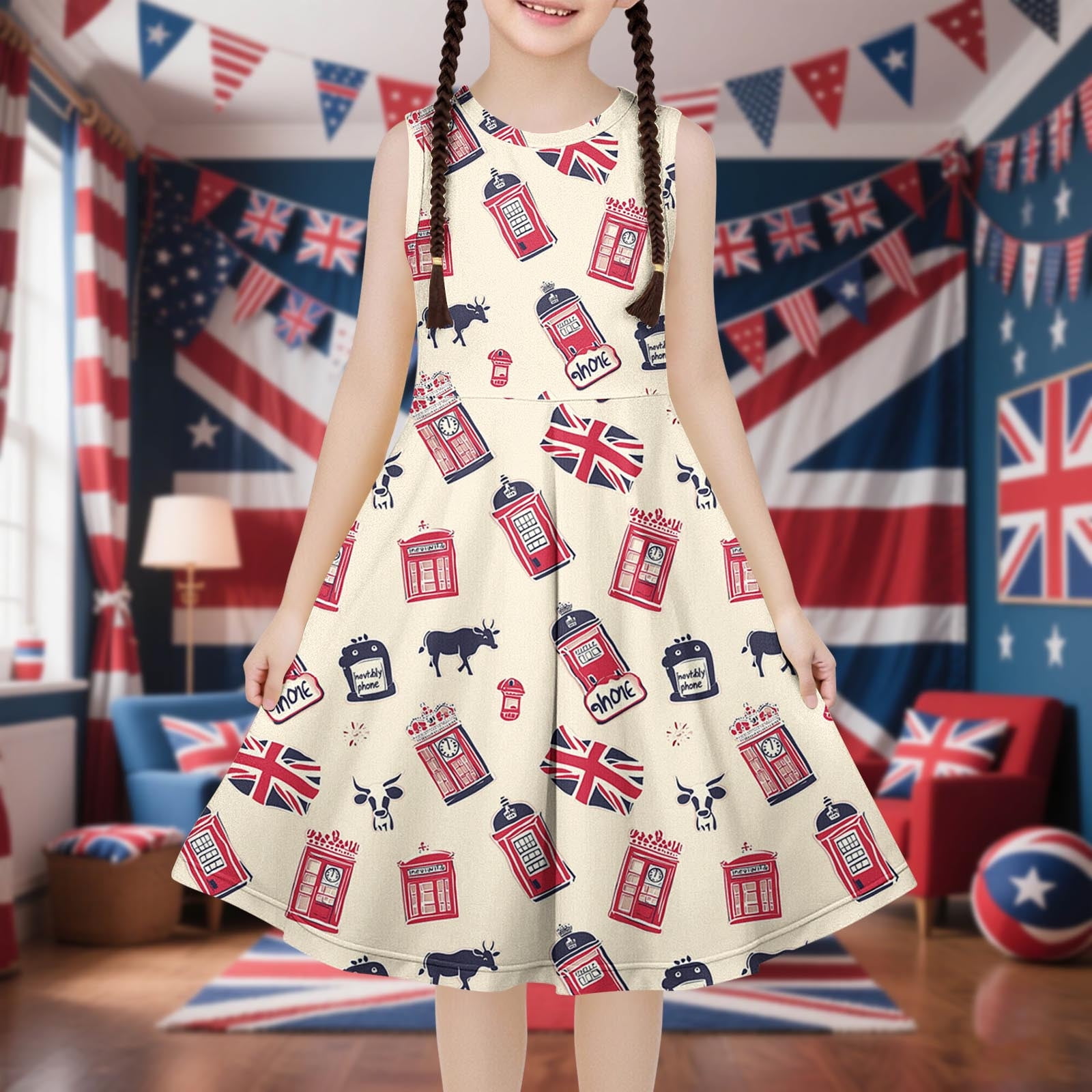Delliss Girls Dresses Fashion Print Sleeveless Solid Color Casual ...