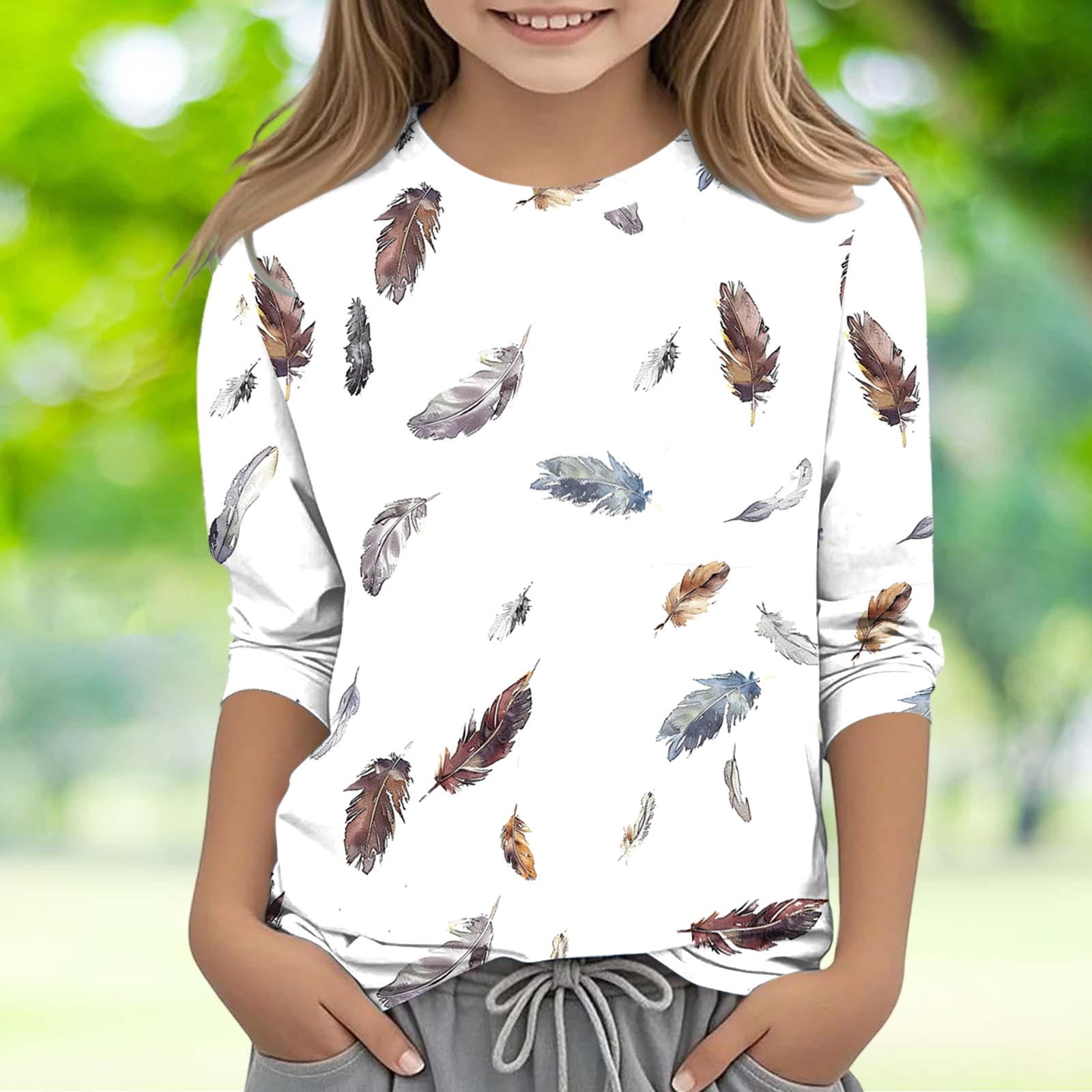 Delliss Girls Flower Print Crew Neck Blouse Classic Comfy Top White 11 ...