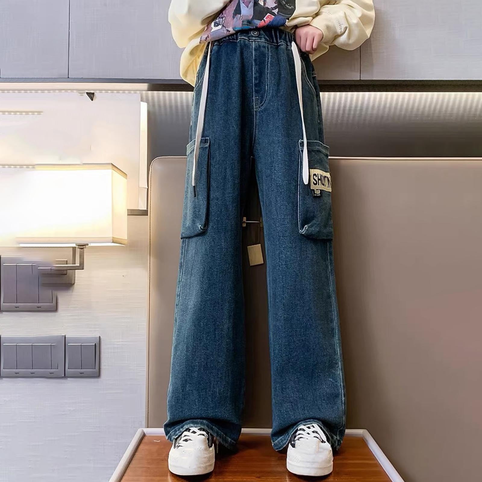 Delliss Girls Jeans Washed Elastic Waist Baggy Wide Leg Jeans Size 5-15 ...