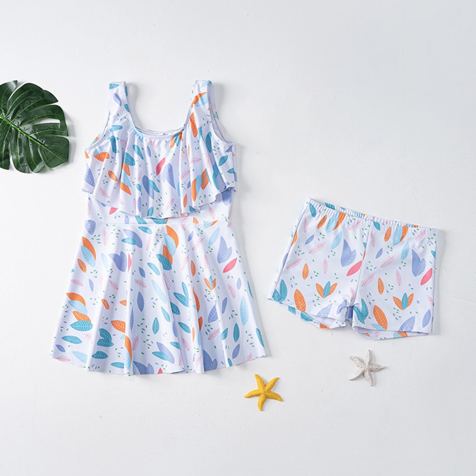 Delliss Girls One Piece Swimsuit Leaf Print Dress Bathing Suits with ...