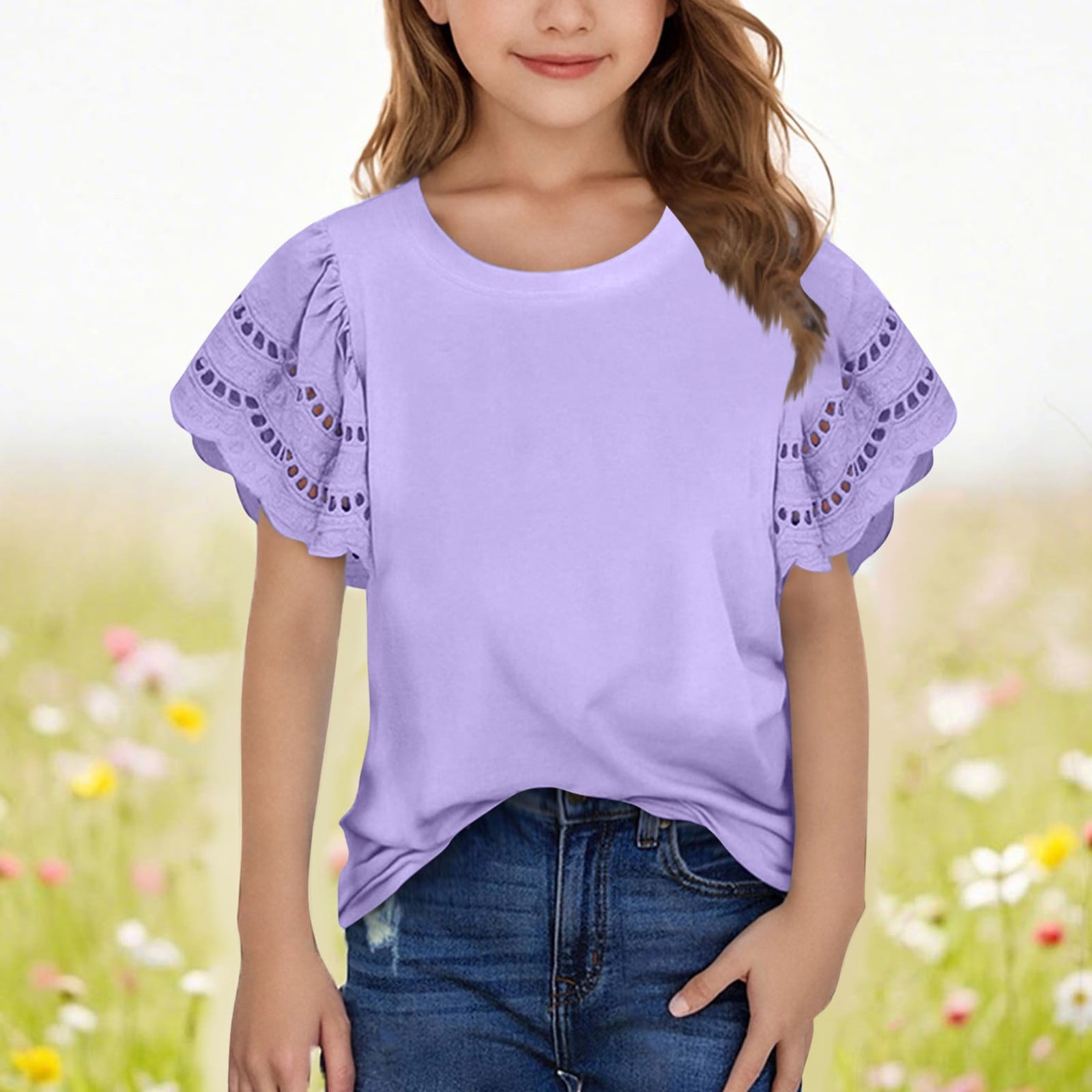 Delliss Girls Ruffle Sleeve Shirts Summer Crew Neck Eyelet Tee Tops ...