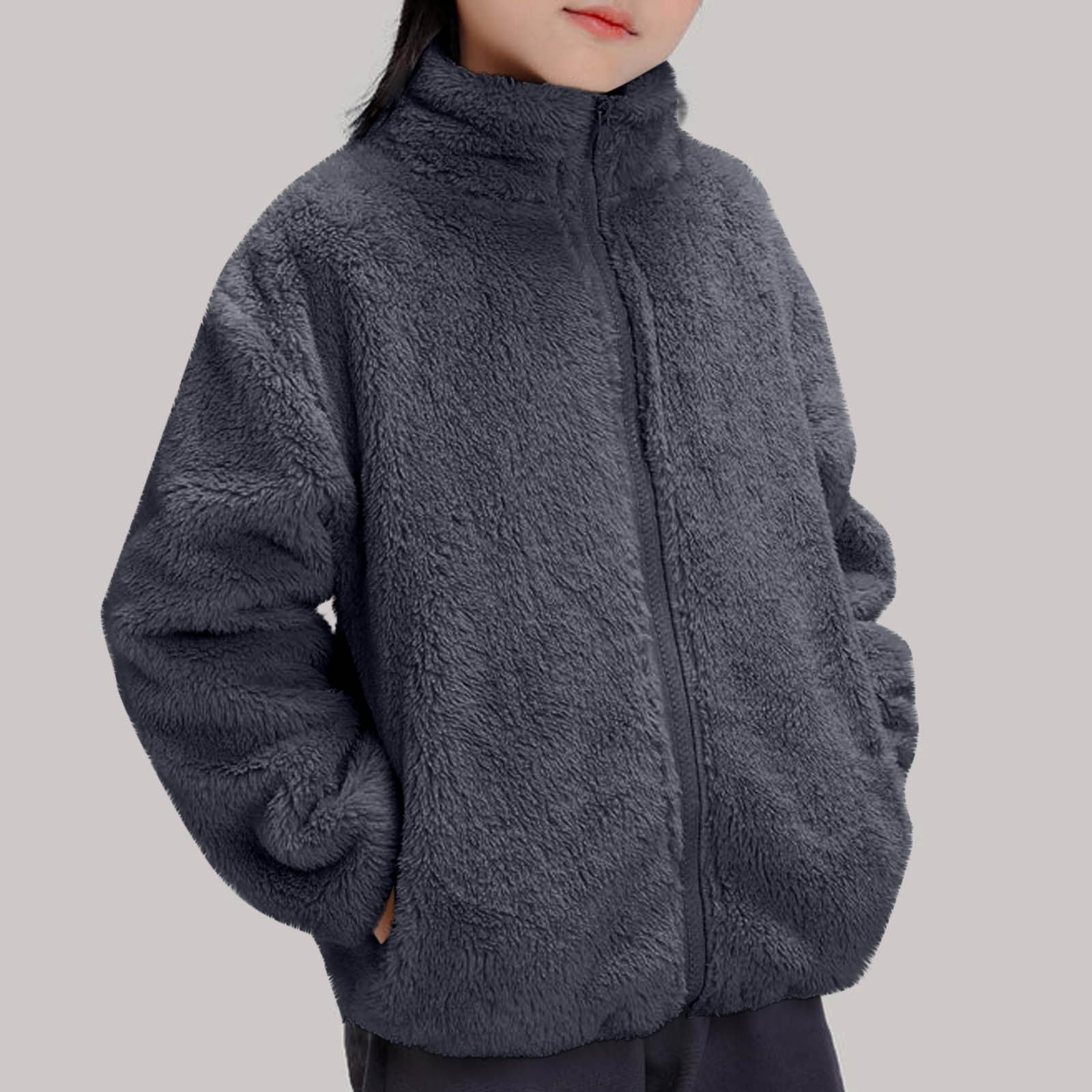 Delliss Girls Solid Color Stand Up Collar Zipper Top Long Sleeve Thick ...